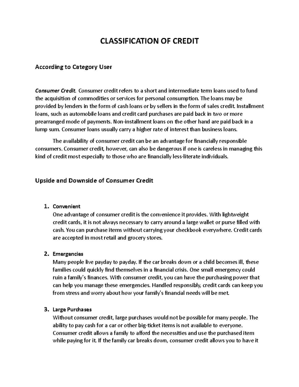 Classification of Credit - CLASSIFICATION OF CREDIT According to ...