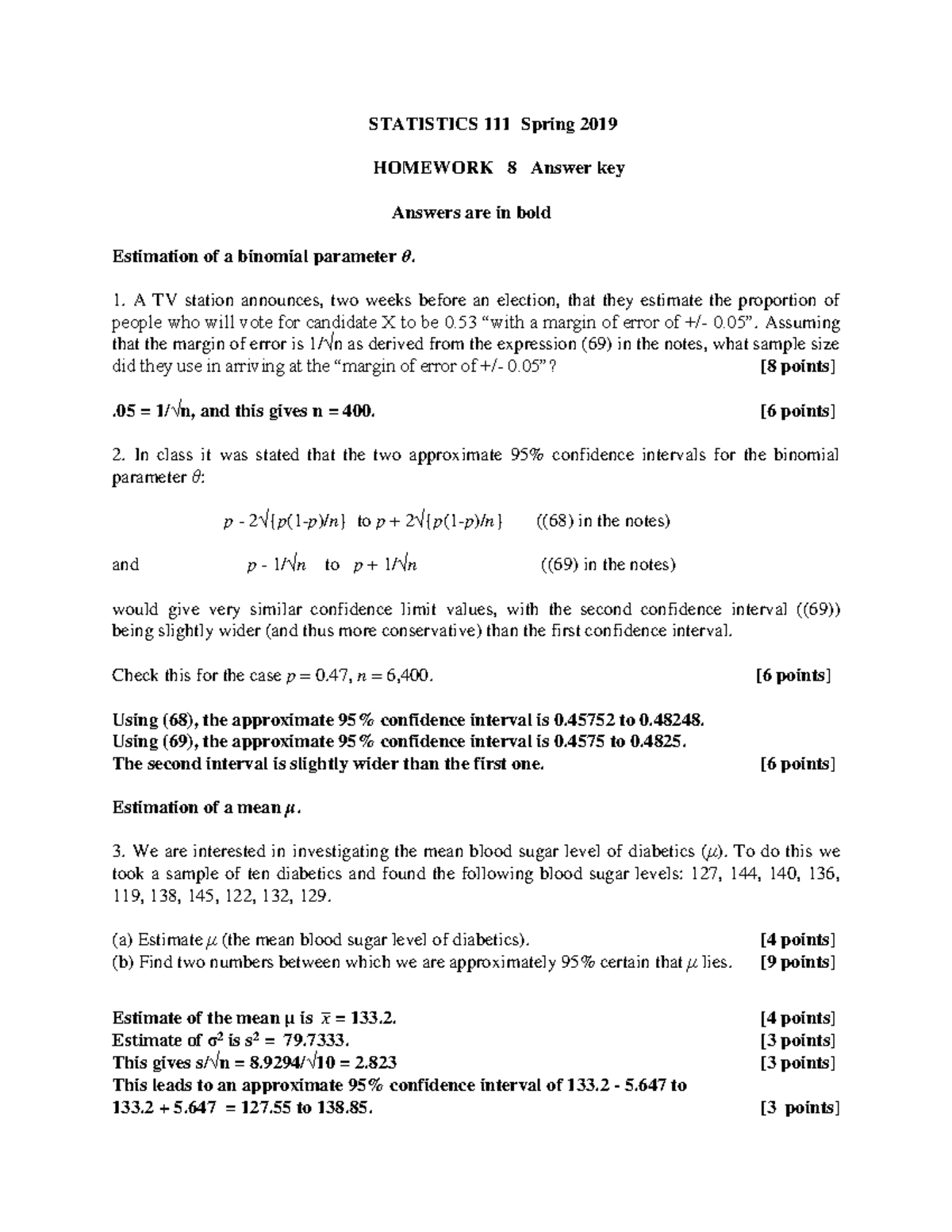 HWK082019 Springanswerkey - STATISTICS 111 Spring 2019 HOMEWORK 8 ...