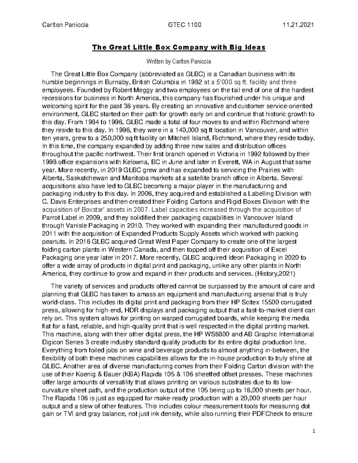 Great Little Box Company- GTEC 1100 Final - Carlton Paniccia - The ...