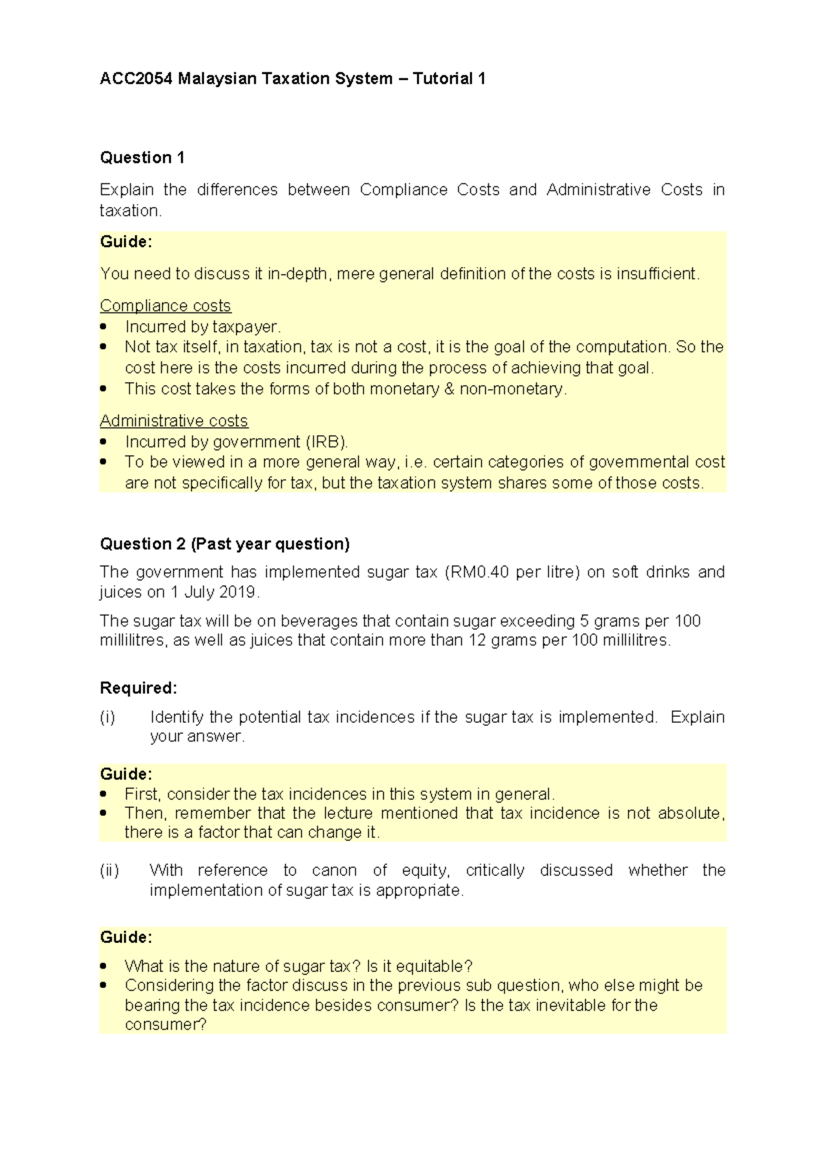 ACC2054 MTS Tutorial 1 Q - ACC2054 Malaysian Taxation System – Tutorial 1 Question 1 Explain the ...