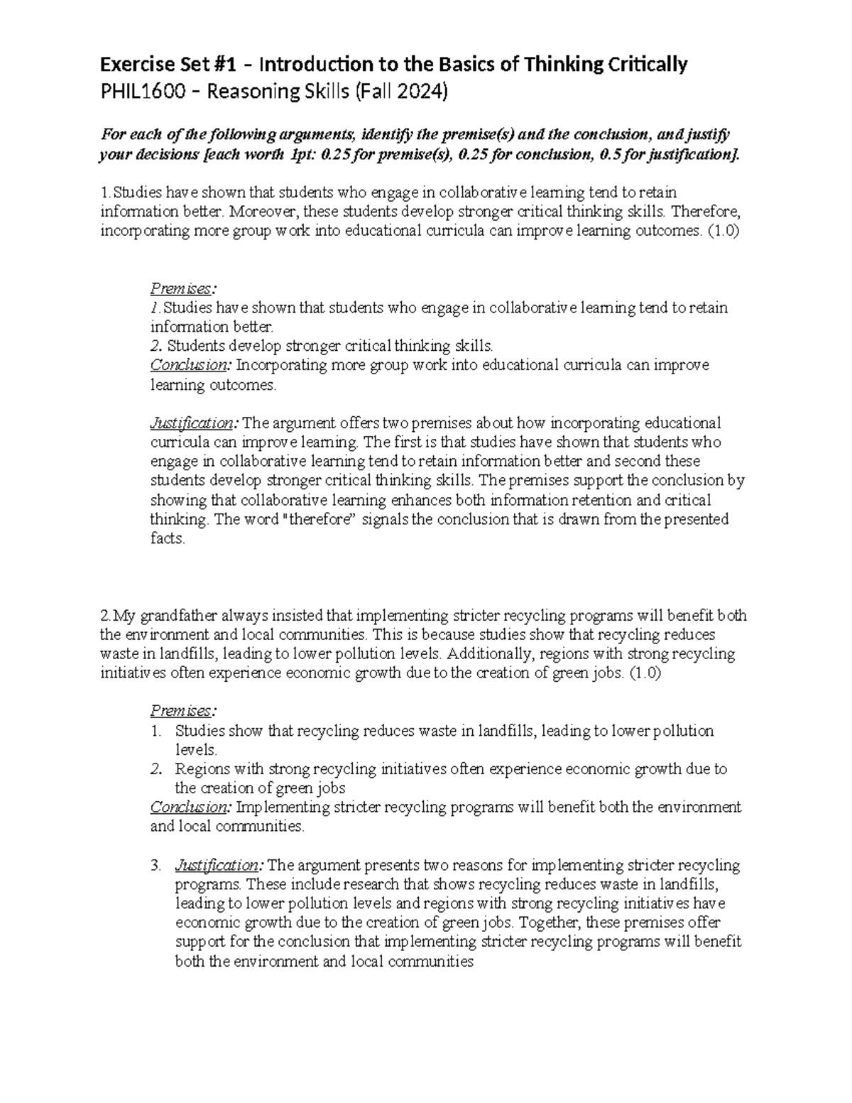 Model Answers #1 - In class practice - Exercise Set #1 – Introduction to the Basics of Thinking ...