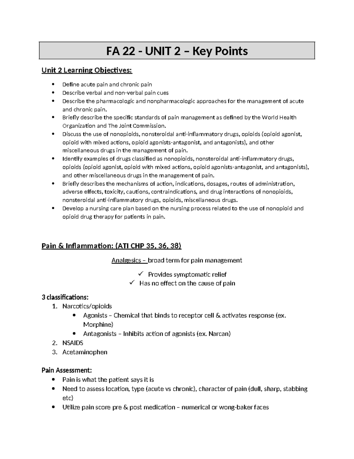 Unit 2 Key Points - Nurse pharm - FA 22 - UNIT 2 – Key Points Unit 2 ...