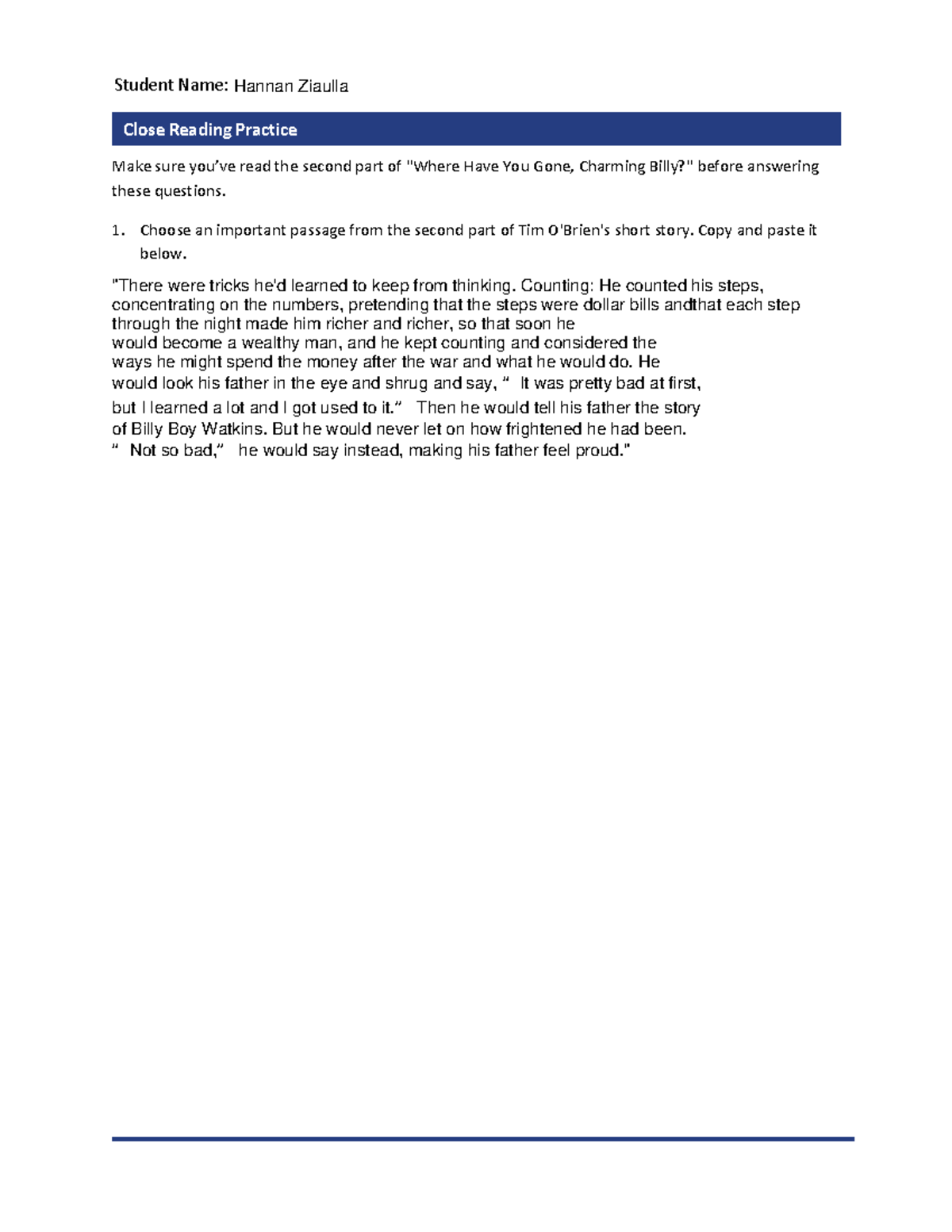 Close Reading Practice Hannan Ziaulla - Student Name: Close Reading ...