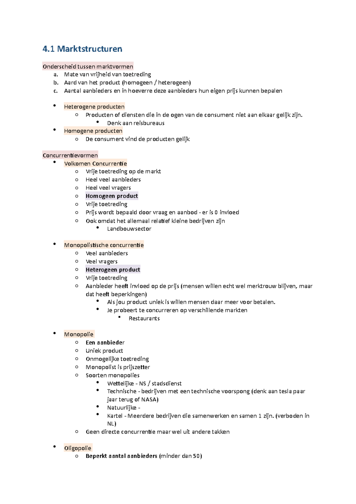ECO samenvatting markten - 4 Marktstructuren Onderscheid tussen ...