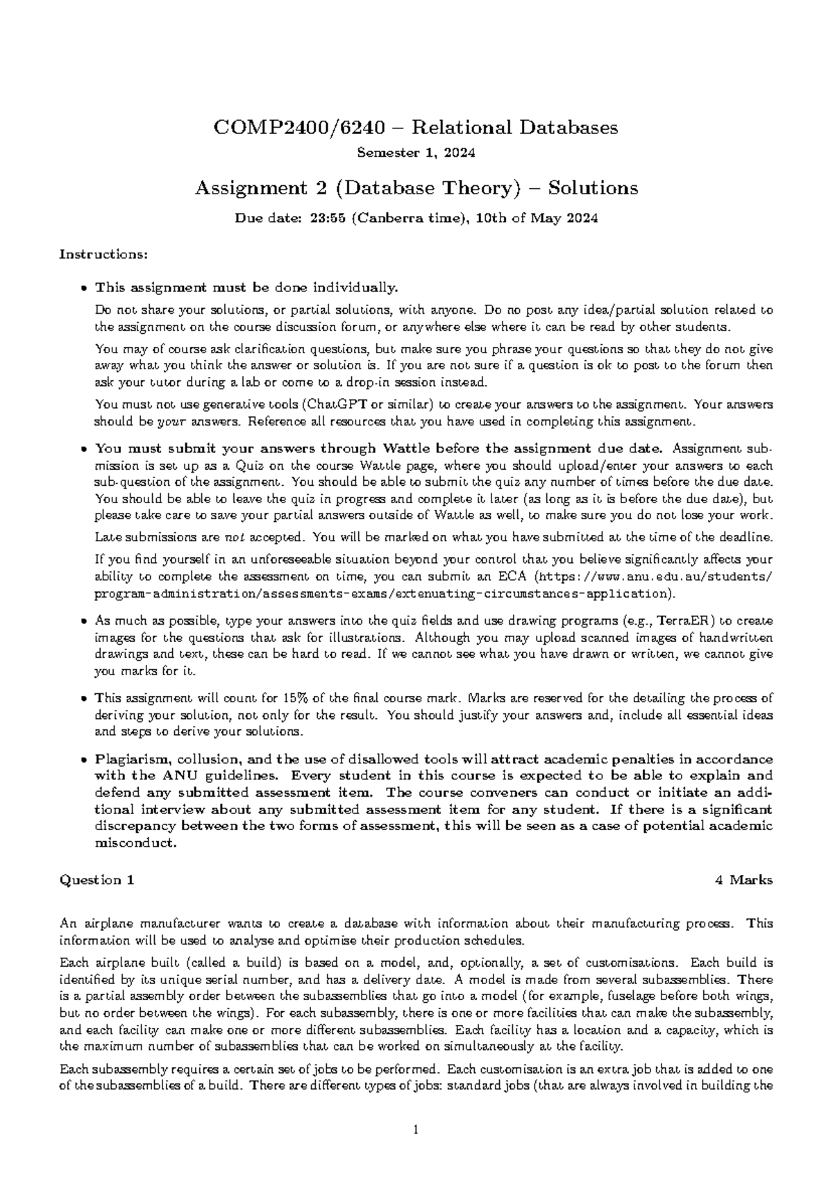 Assn2 solutions - For ref and practice - COMP2400/6240 – Relational Databases Semester 1, 2024 ...