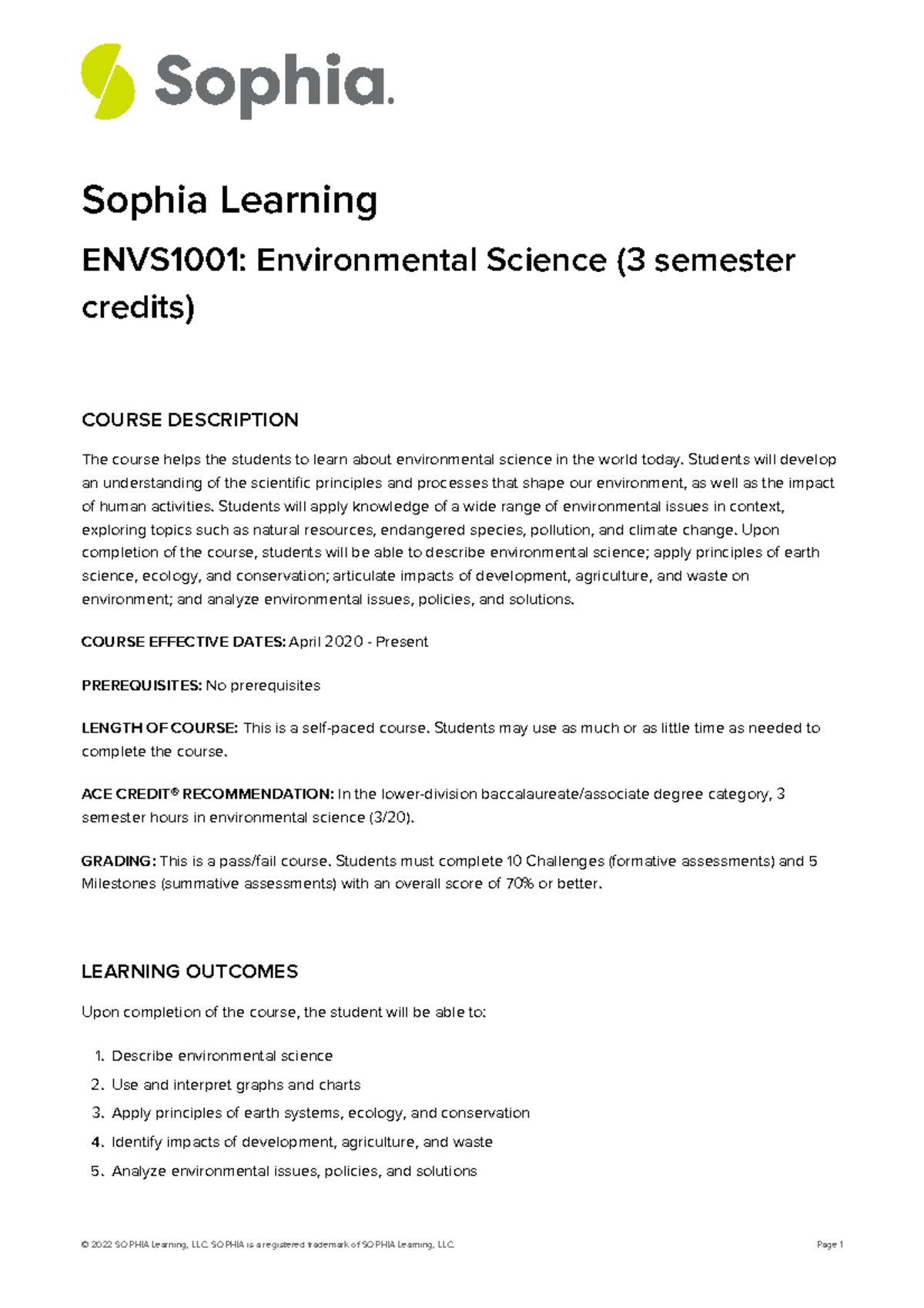 Sophia environmental science syllabus - Sophia Learning ENVS1001 ...