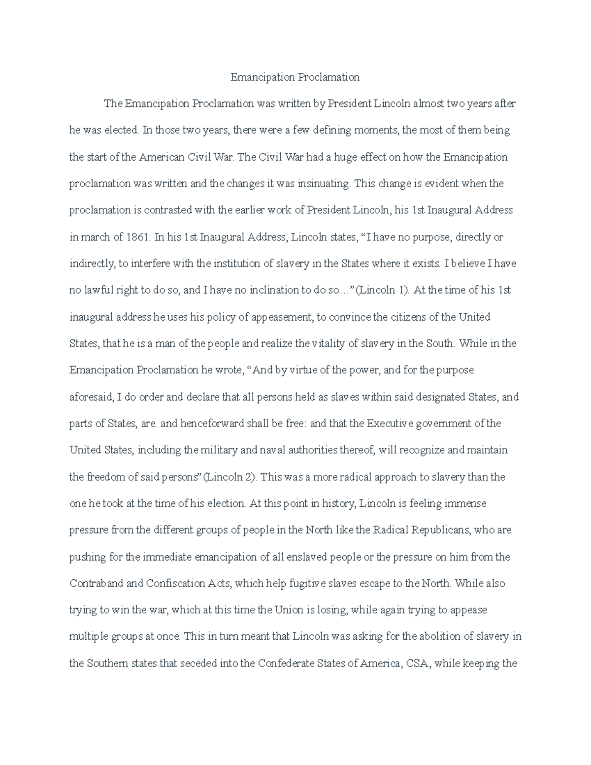 Apush EP Paragaph - Emancipation Proclamation The Emancipation ...