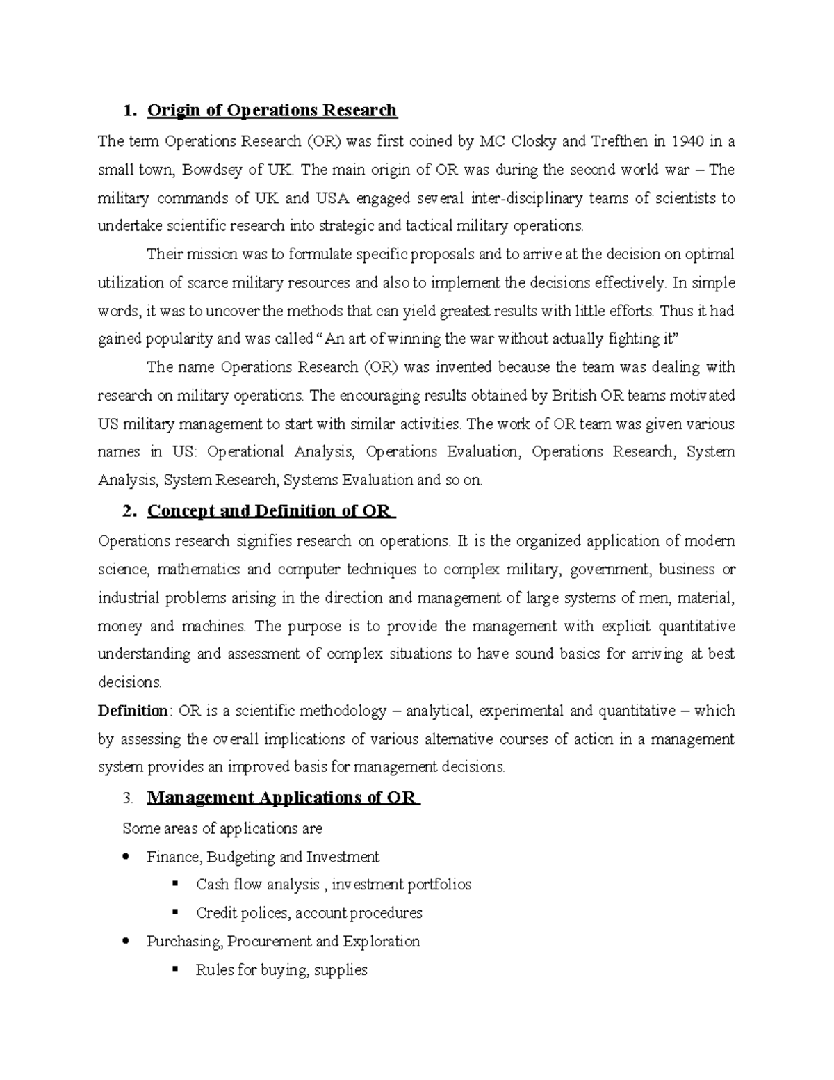 OR-UNIT-1 - OPERATION RESEARCH - 1. Origin of Operations Research The ...