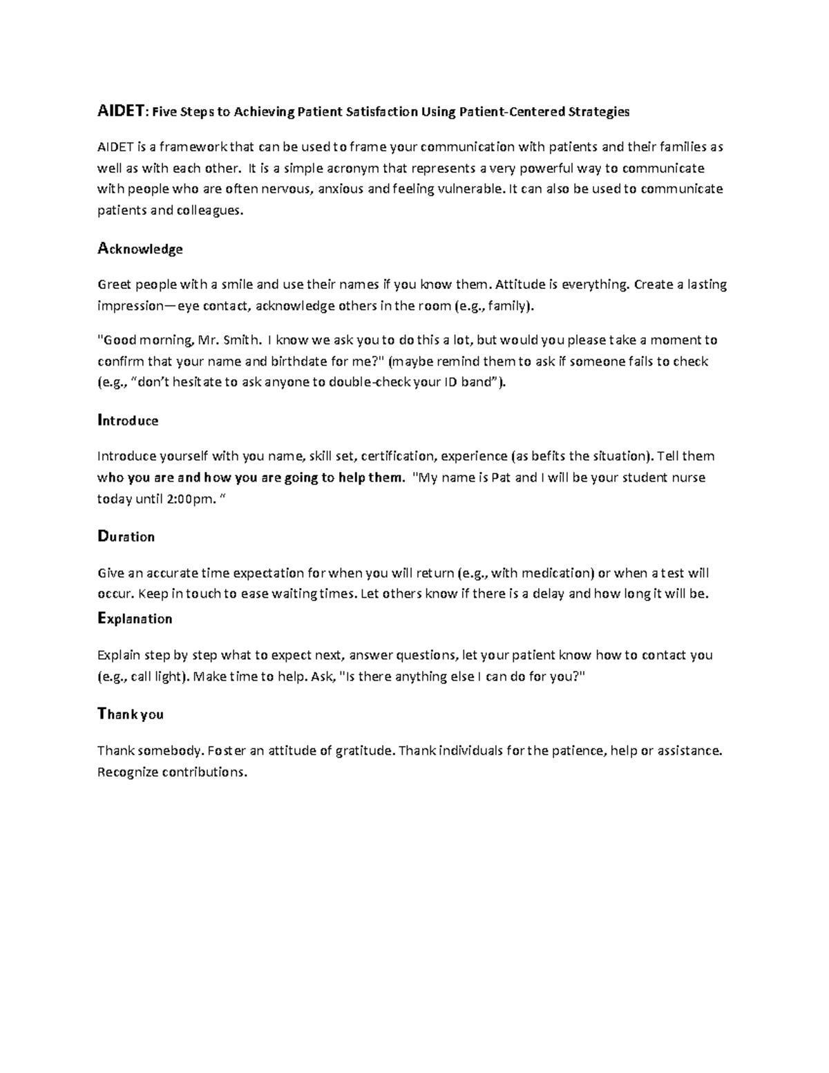 Aidet Communication Tool for effective communication - AIDET: Five ...