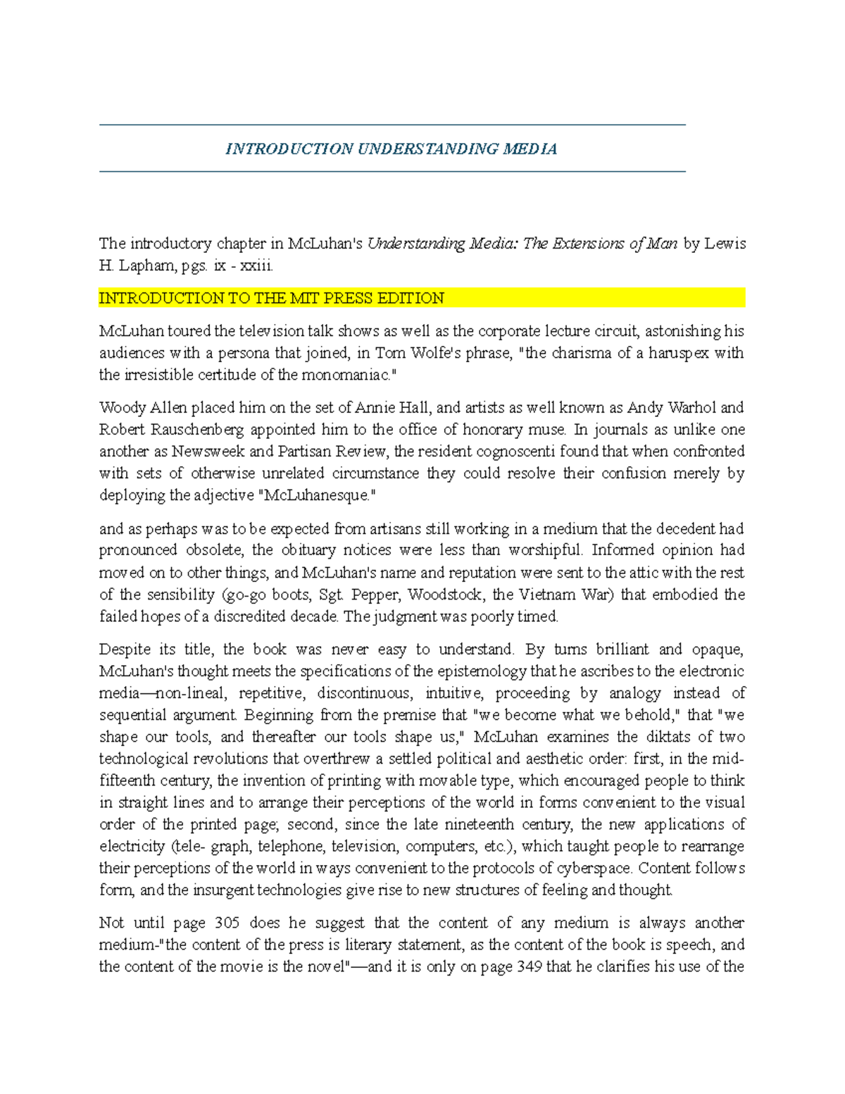 Introduction Understanding Media - INTRODUCTION UNDERSTANDING MEDIA The ...