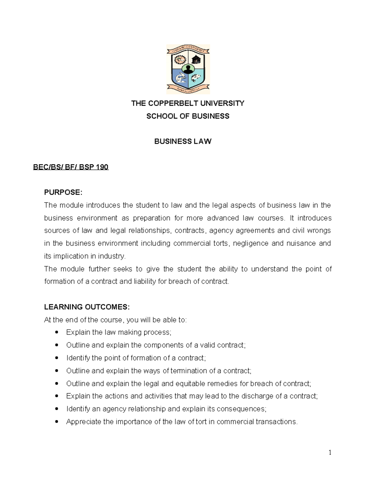 Business LAW Course Outline - THE COPPERBELT UNIVERSITY SCHOOL OF ...