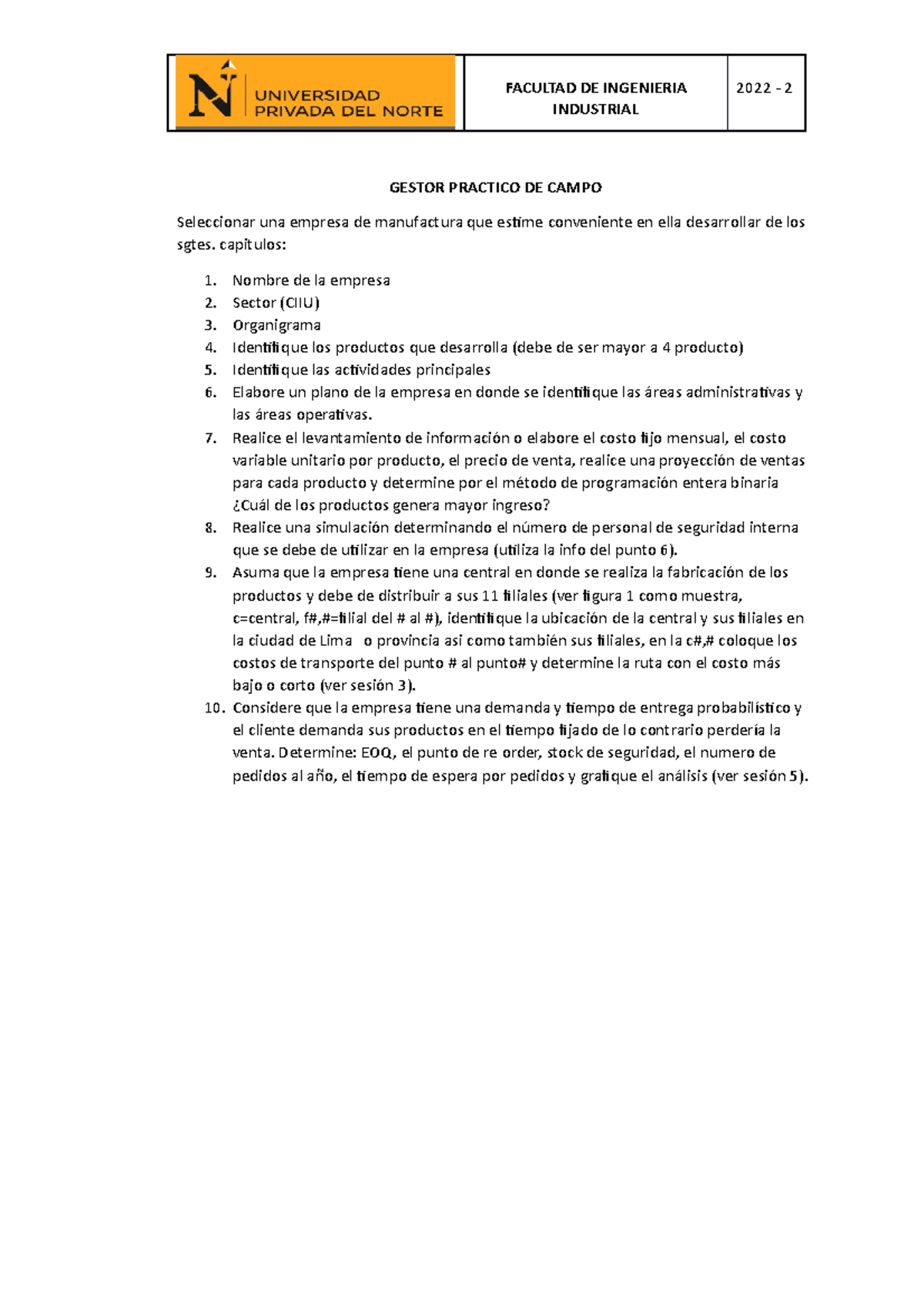 UPN,, UG, IO2, Proyecto Final - FACULTAD DE INGENIERIA INDUSTRIAL 2022 - 2 GESTOR PRACTICO DE ...