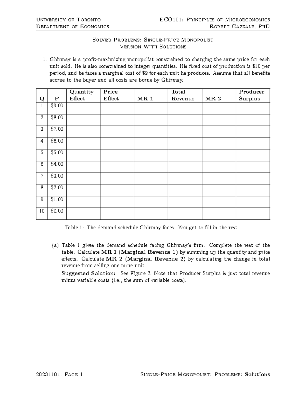 ECO101Solved Problems Single Price Monopolist Solutions - Department of ...