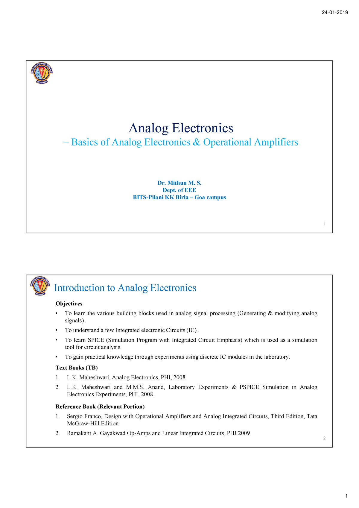 Analog Electronics - L2 - Basics of Opamps - 24-01-2019 Analog ...