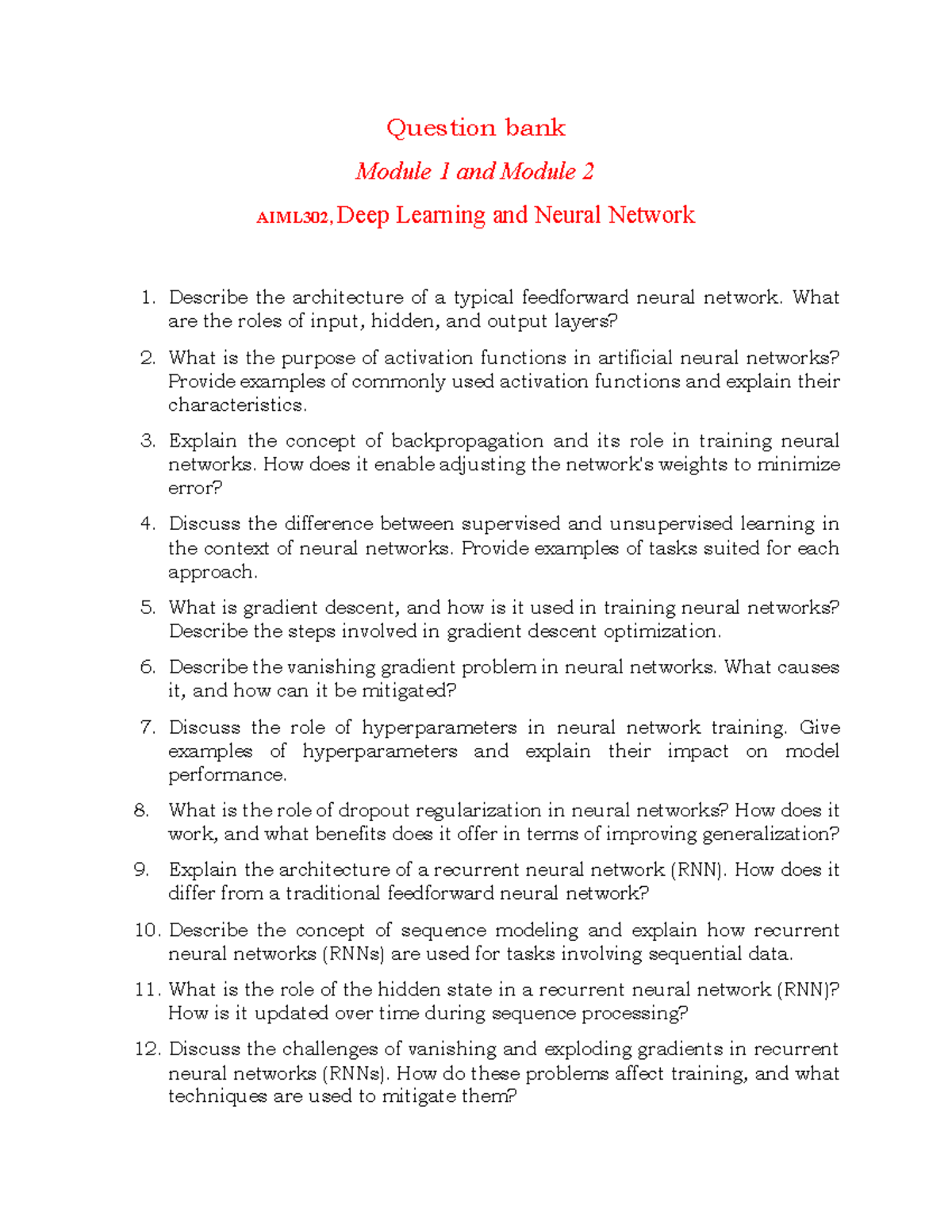 Question bank - Deep learning and neural network - Question bank Module 1 and Module 2 AIML302 ...