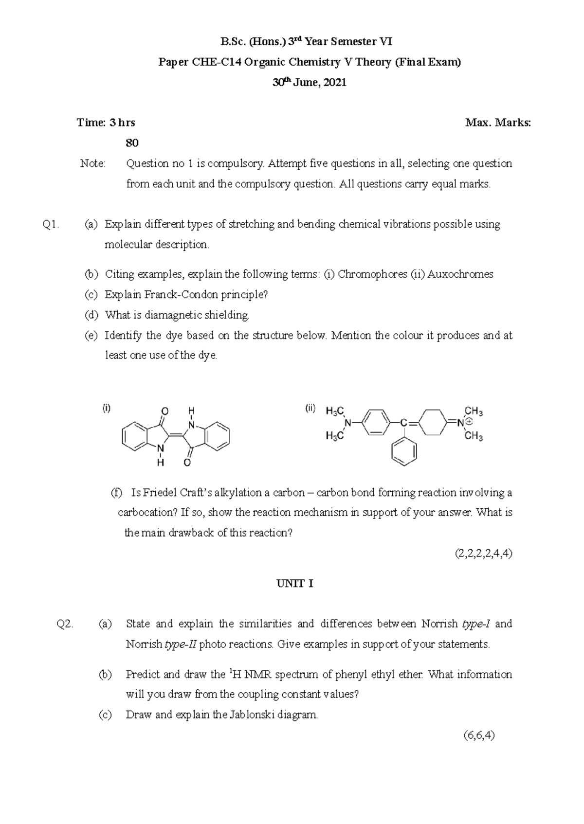 Question paper (final) - B. (Hons.) 3rd Year Semester VI Paper CHE-C14 ...
