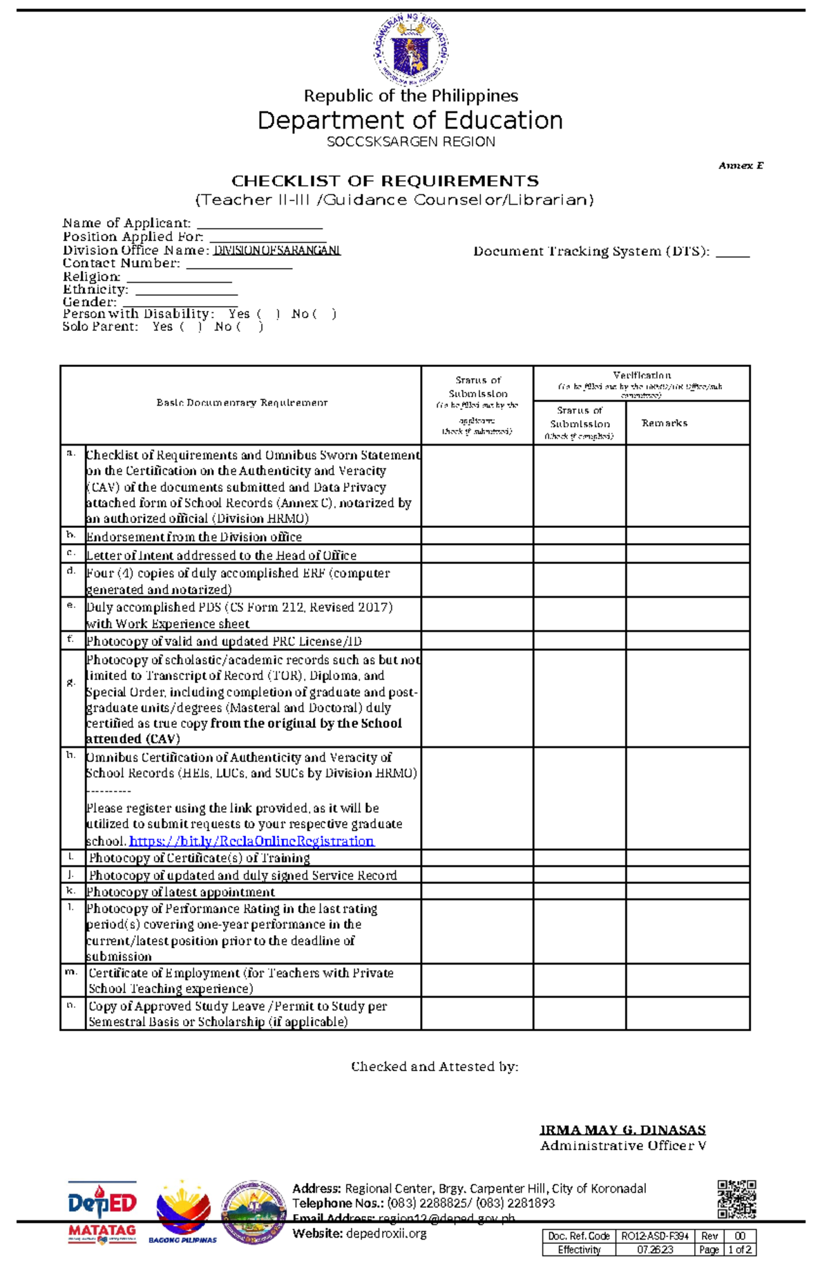 Recla Annex C - Checklist OF Requirements - Teacher 1 to 3 - NEW TEMP - Address: Regional Center ...