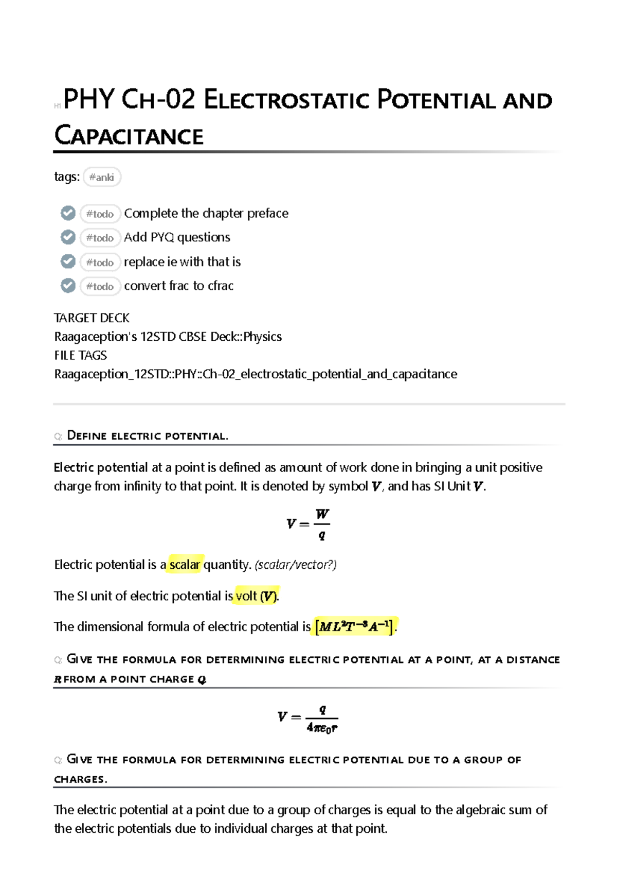 PHY Ch 02 Electrostatic Potential And Capacitance H1 PHY C 02 E P C Tags anki todo Complete