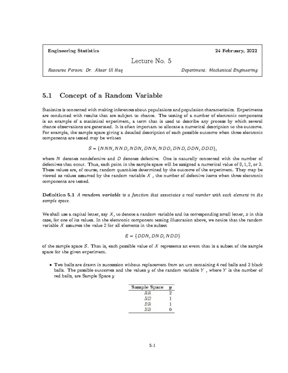 Lecture No - six - Engineering Statistics 24 February, 2022 Lecture No. 5 Resourse Person: Dr ...