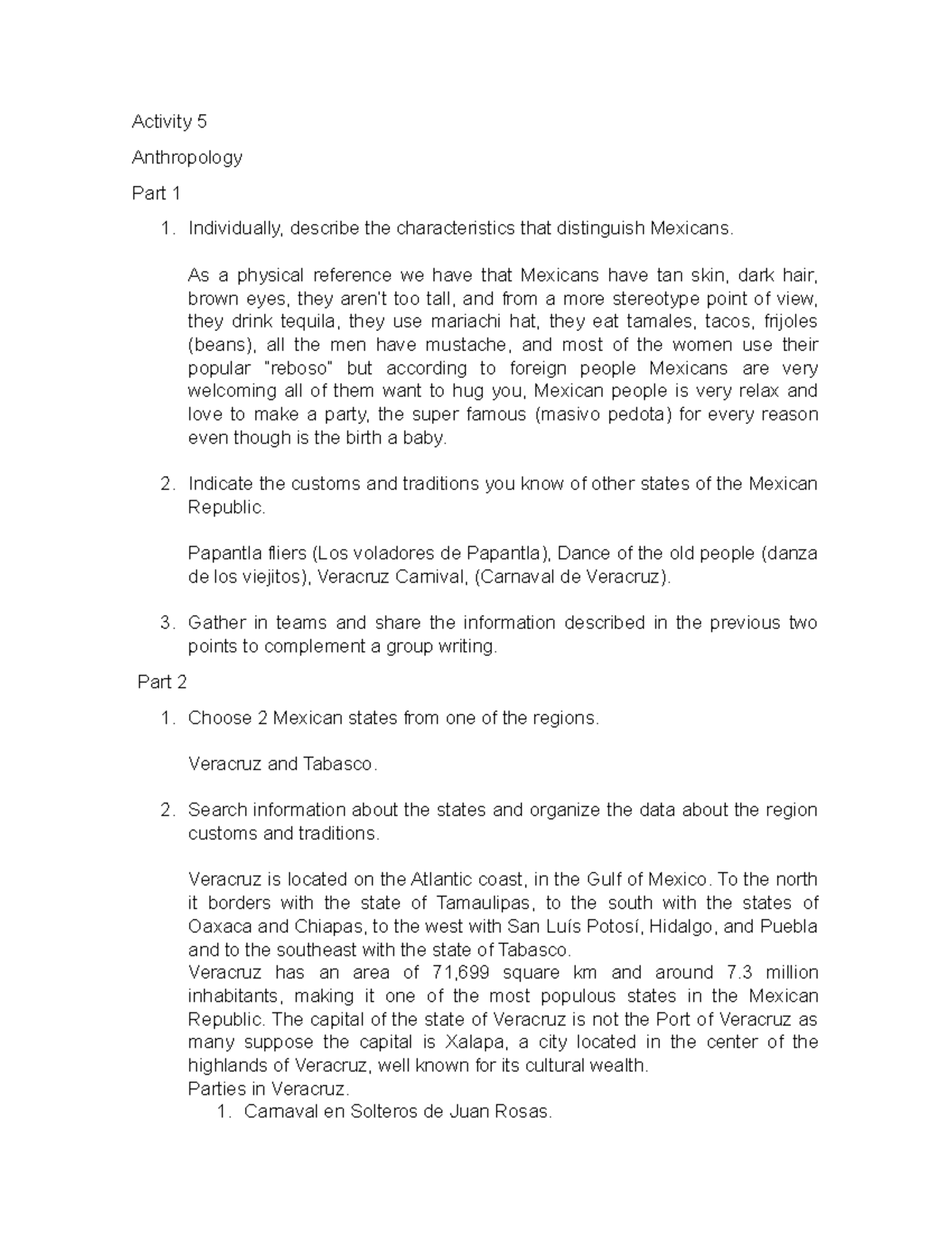 Anthropology activity 5 - Activity 5 Anthropology Part 1 Individually ...
