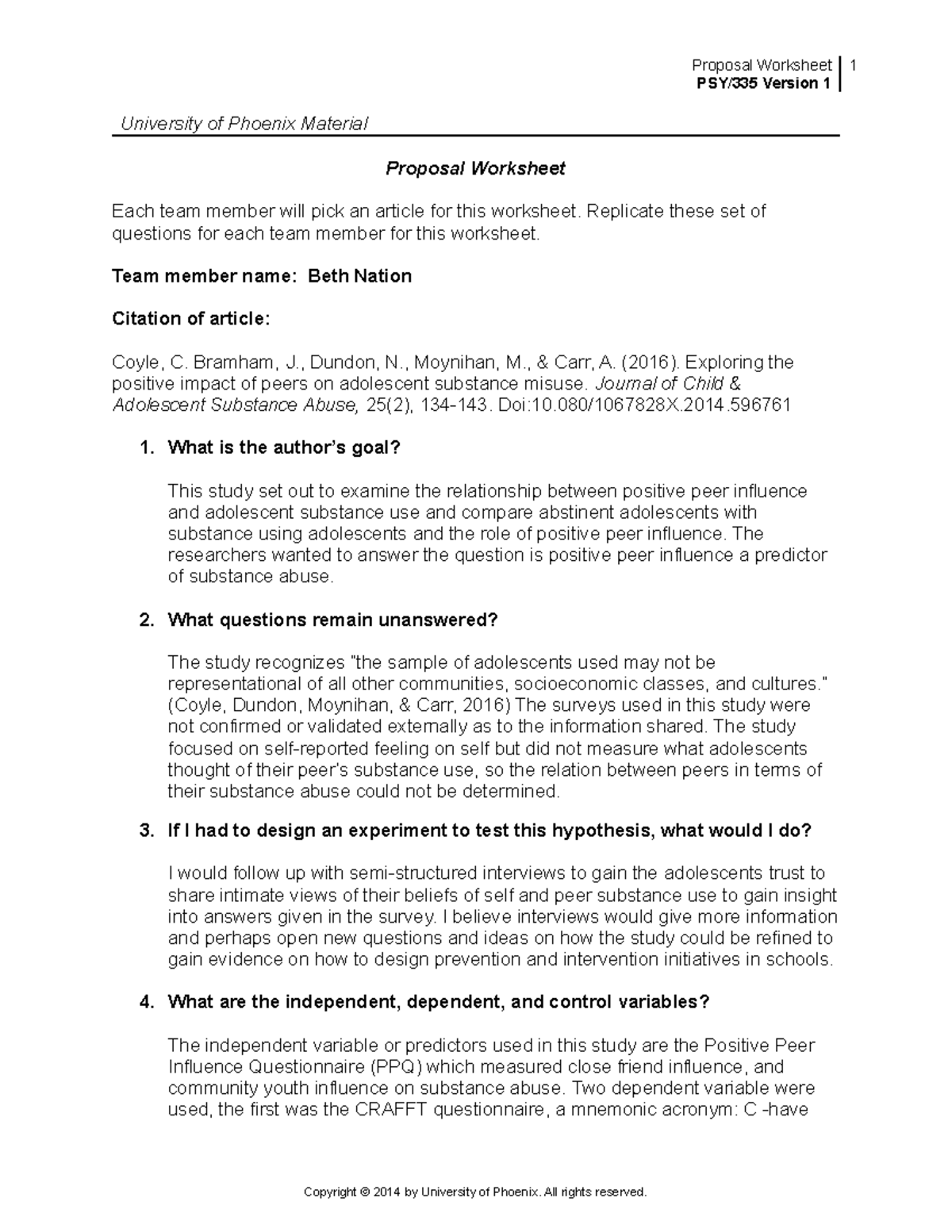 Psy335r1 proposal worksheet - PSY/335 Version 1 University of Phoenix ...