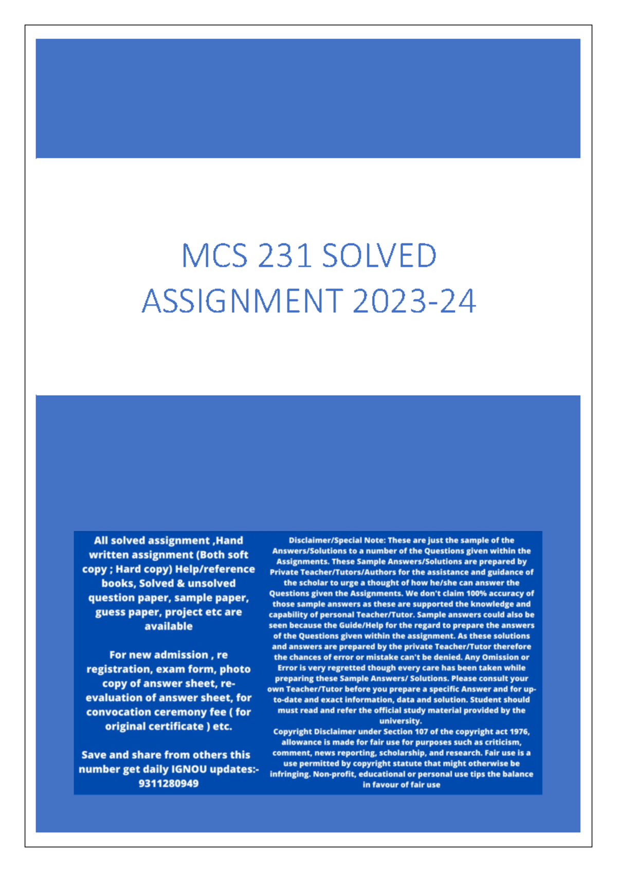 MCS 231 EM 2023 24 - Need to submit a project - MCS 231 SOLVED ASSIGNMENT 2023- 24 Course Code ...