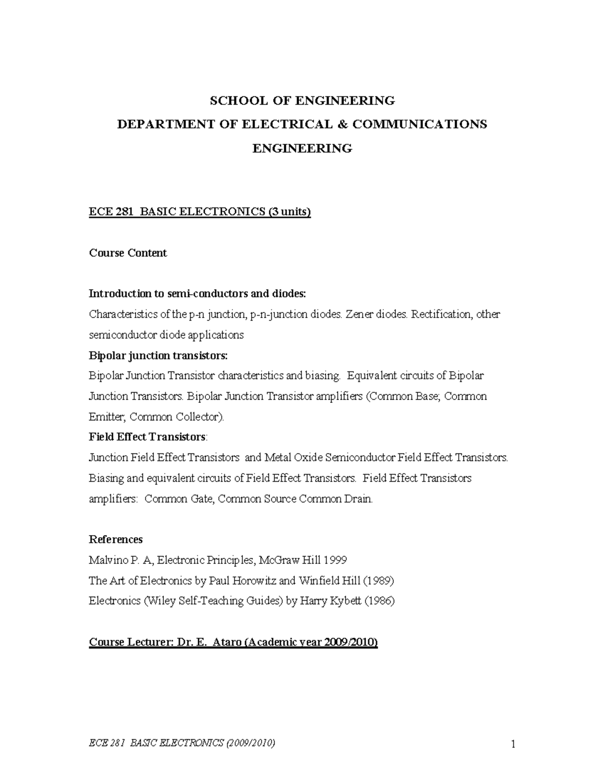 Basic Electronics 2-1-2 - SCHOOL OF ENGINEERING DEPARTMENT OF ...
