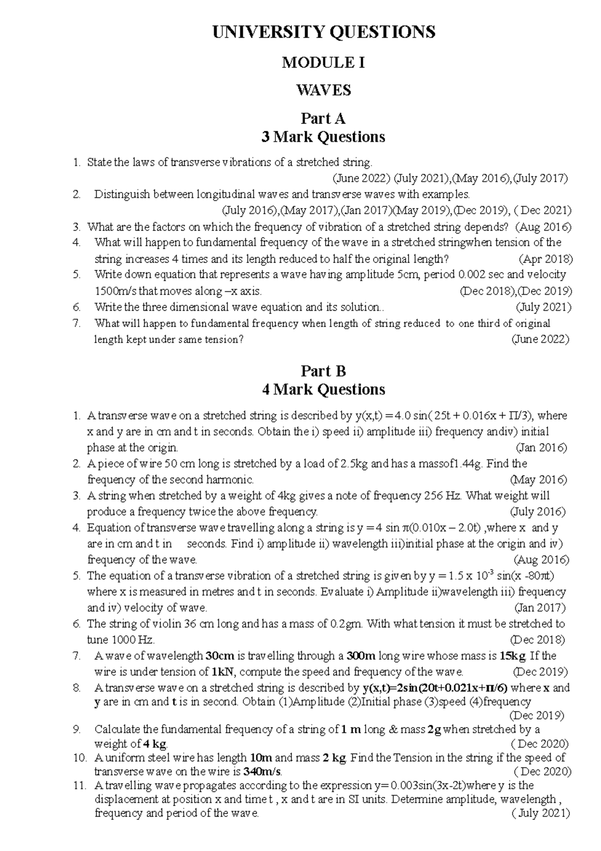 M1 waves uni qns - UNIVERSITY QUESTIONS MODULE I WAVES Part A 3 Mark ...