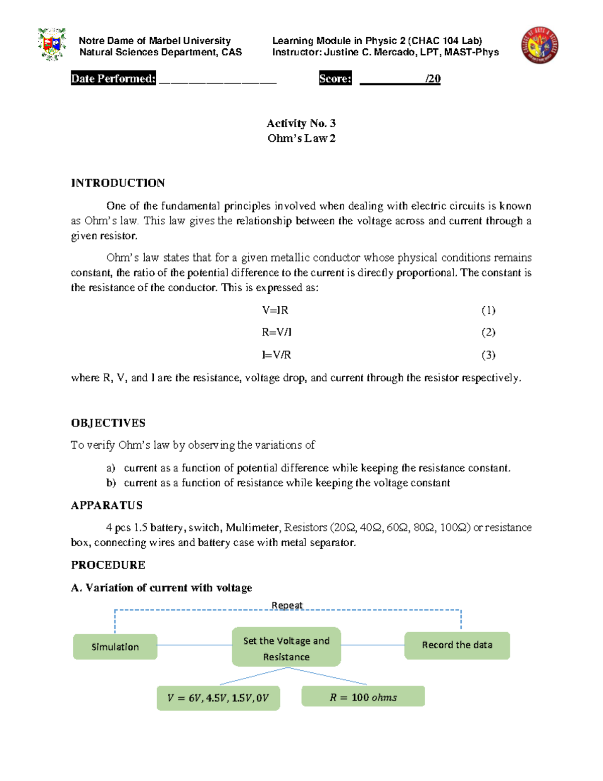 Ohm’s Law 2 - Ohm’s Law 2 Experiment - Natural Sciences Department, CAS ...