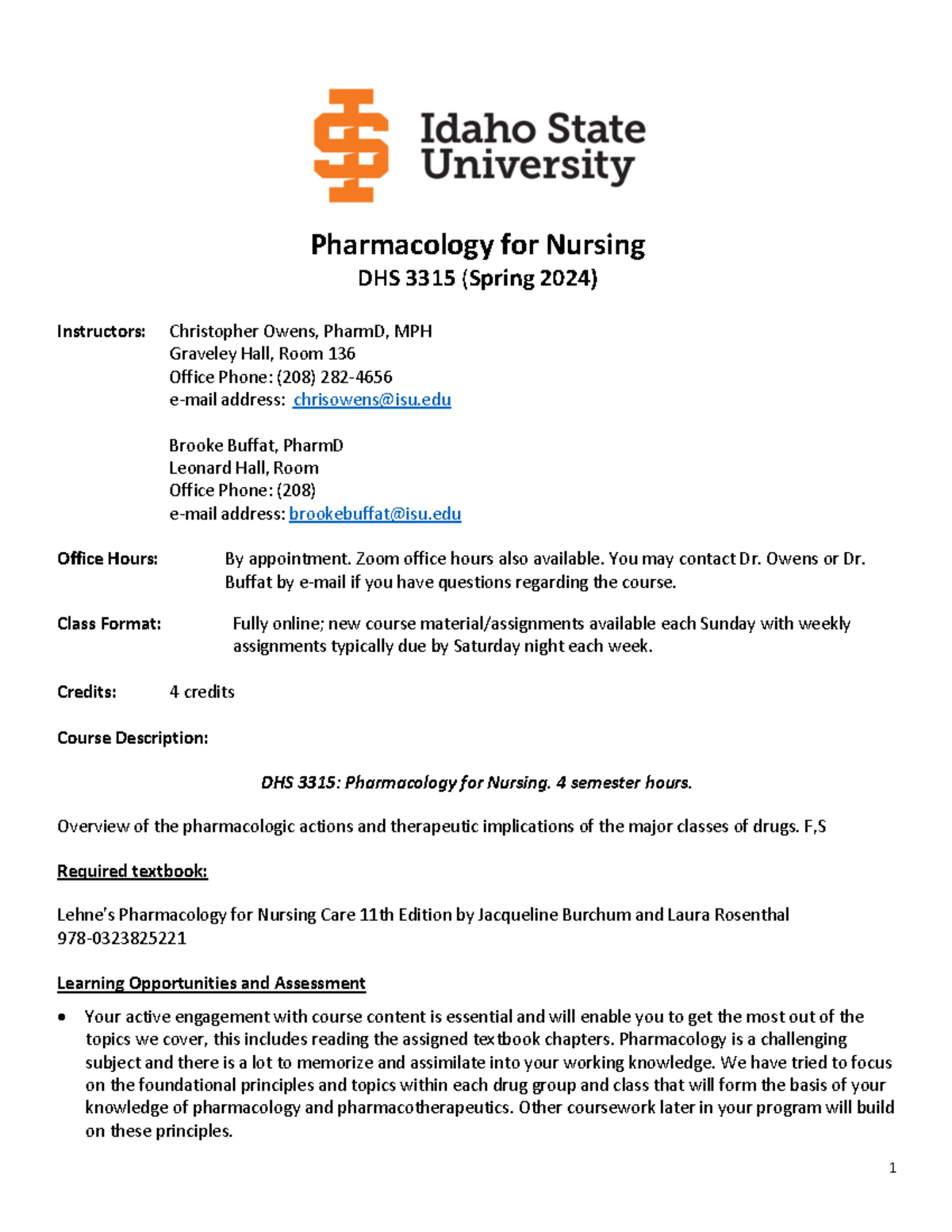 Pham of nursing syllabus ISU - Pharmacology for Nursing DHS 3315 ...