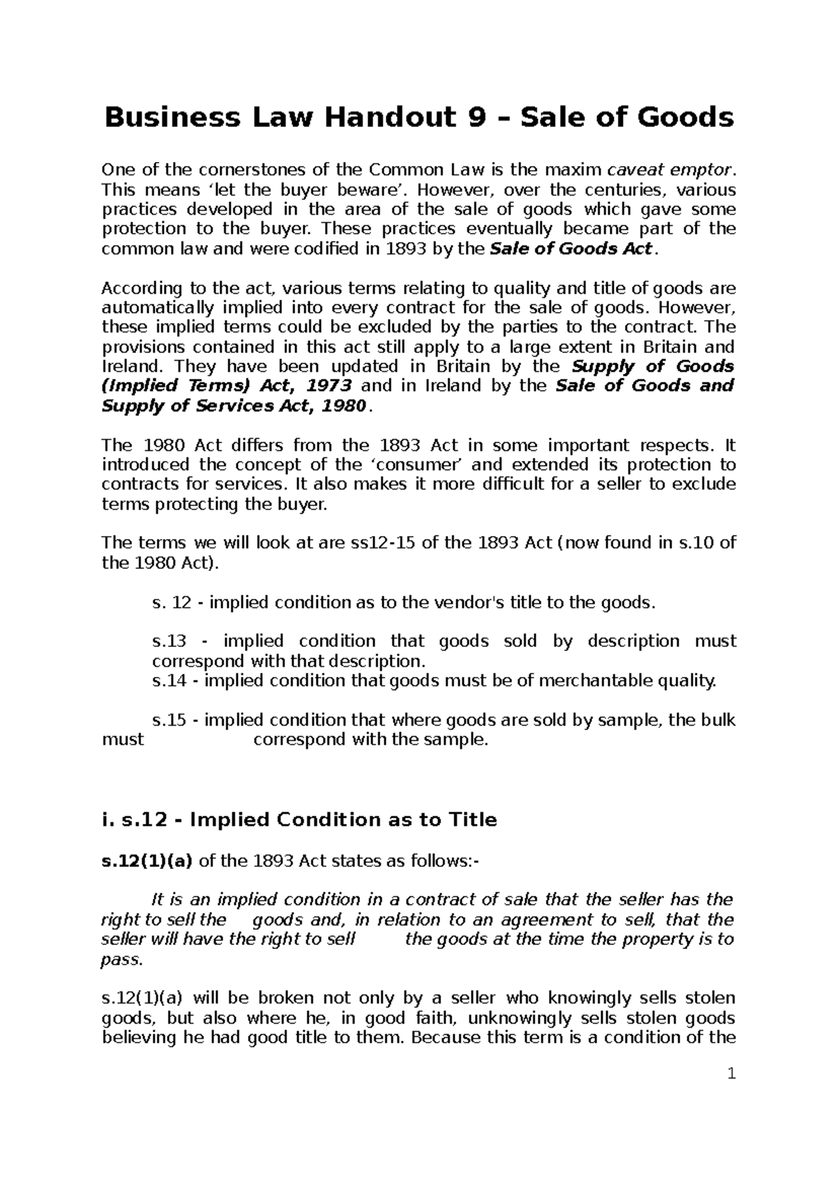 Business Law Handout 9 – Sale of Goods - Business Law Handout 9 – Sale ...