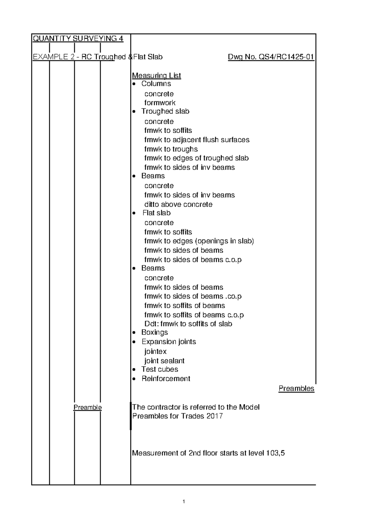 Example 2 Trough-Flat Slab Take Offs QS4-1425-01 - QUANTITY SURVEYING 4 ...