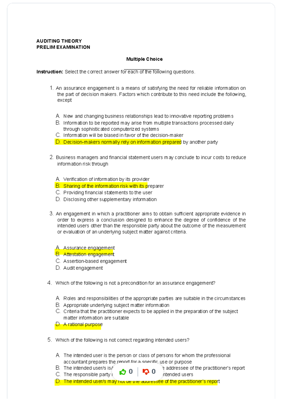 Auditing-theory-prelim-exam compress - AUDITING THEORY PRELIM EXAMINATION Multiple Choice - Studocu