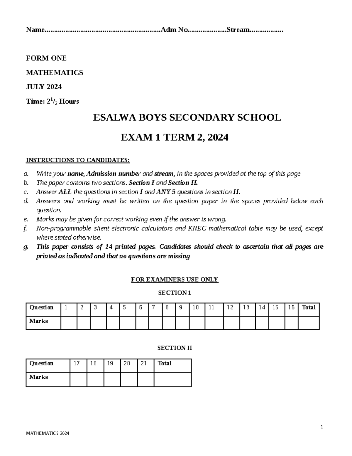 MATH F1 EXAM TERM 2 2024 - Exams - Name Adm No Stream FORM ONE ...