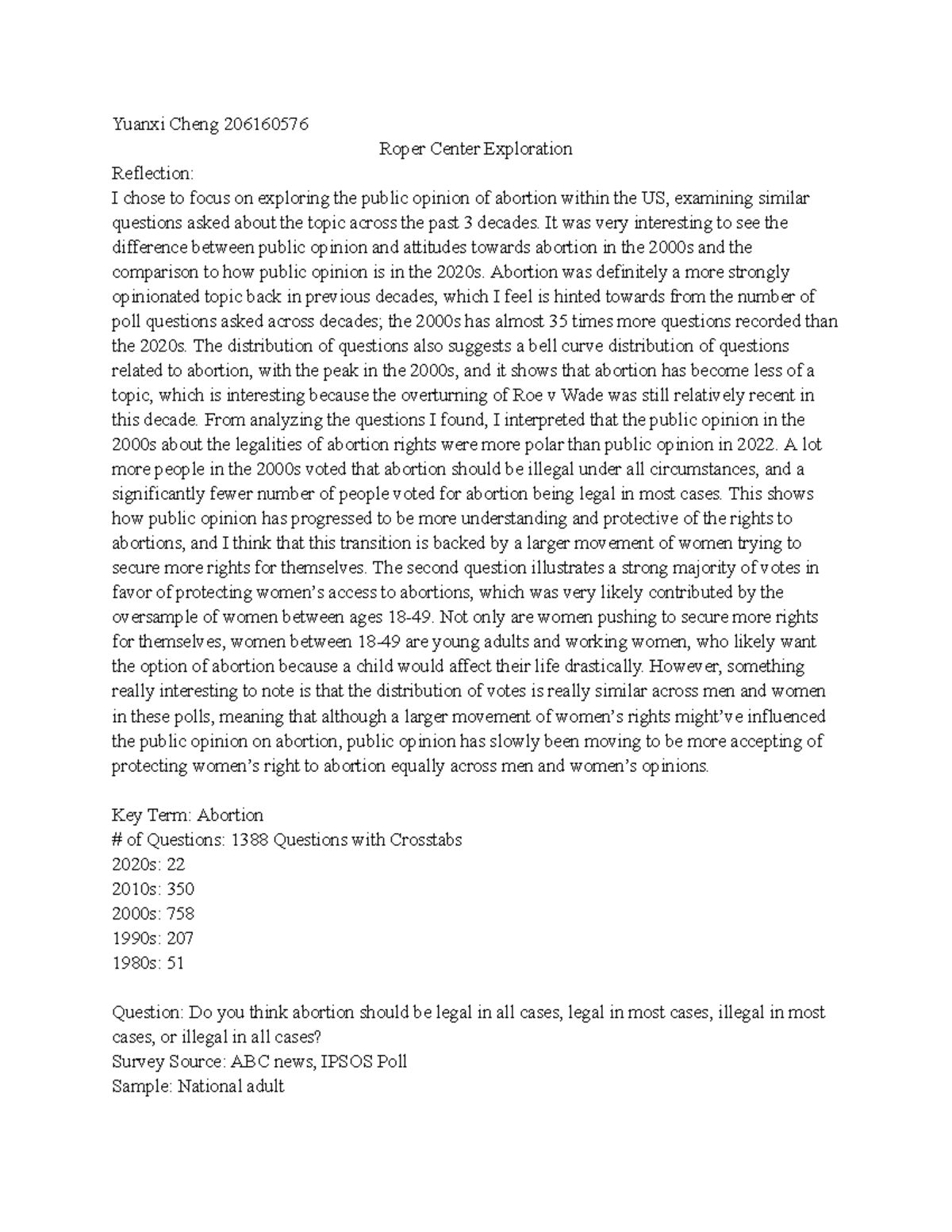 Roper Poll - Yuanxi Cheng 206160576 Roper Center Exploration Reflection ...