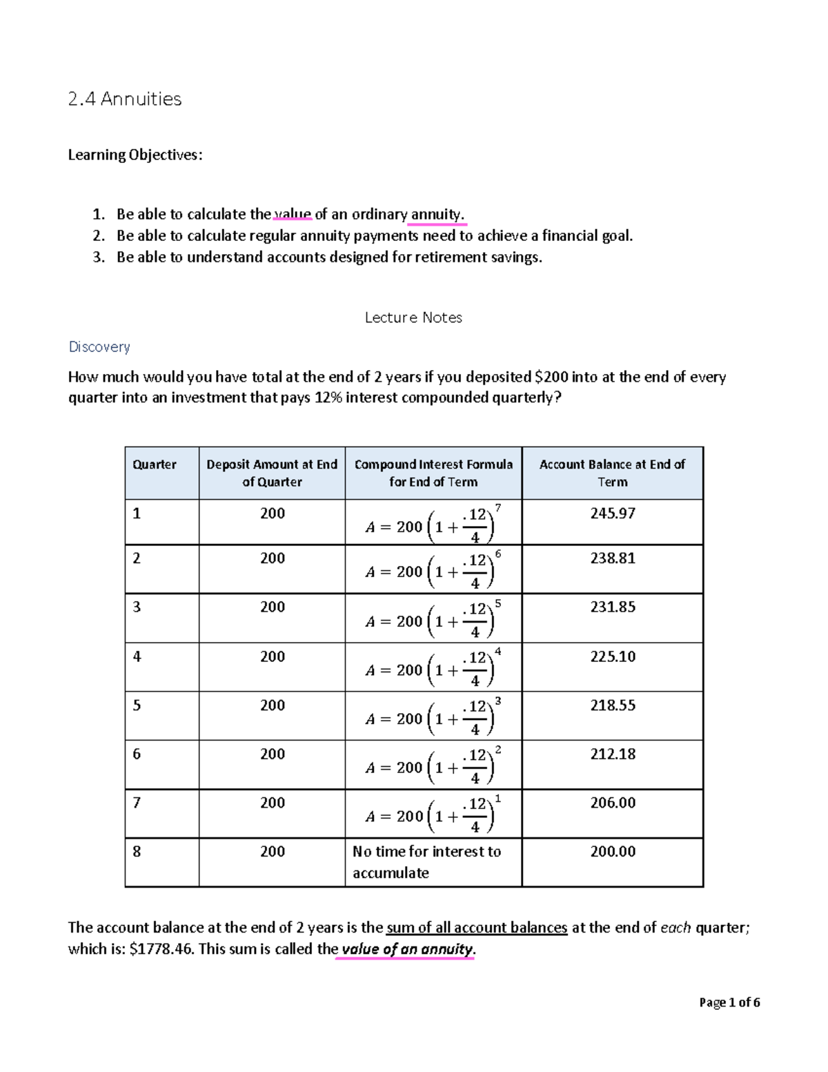 1580 Module 2.4 annuities - 2 Annuities Learning Objectives: 1. Be able ...