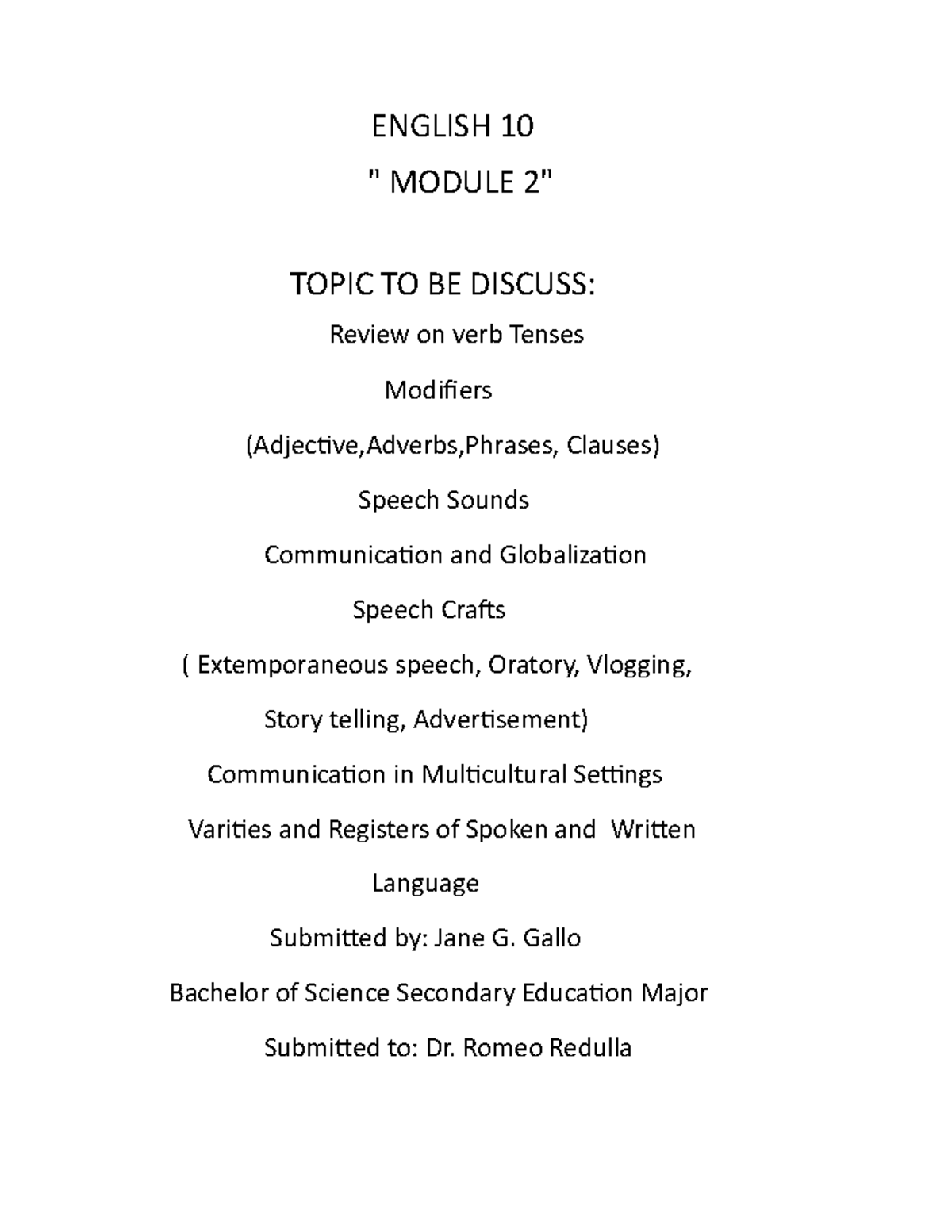 English 10 Module 2 - ENGLISH 10 " MODULE 2" TOPIC TO BE DISCUSS ...