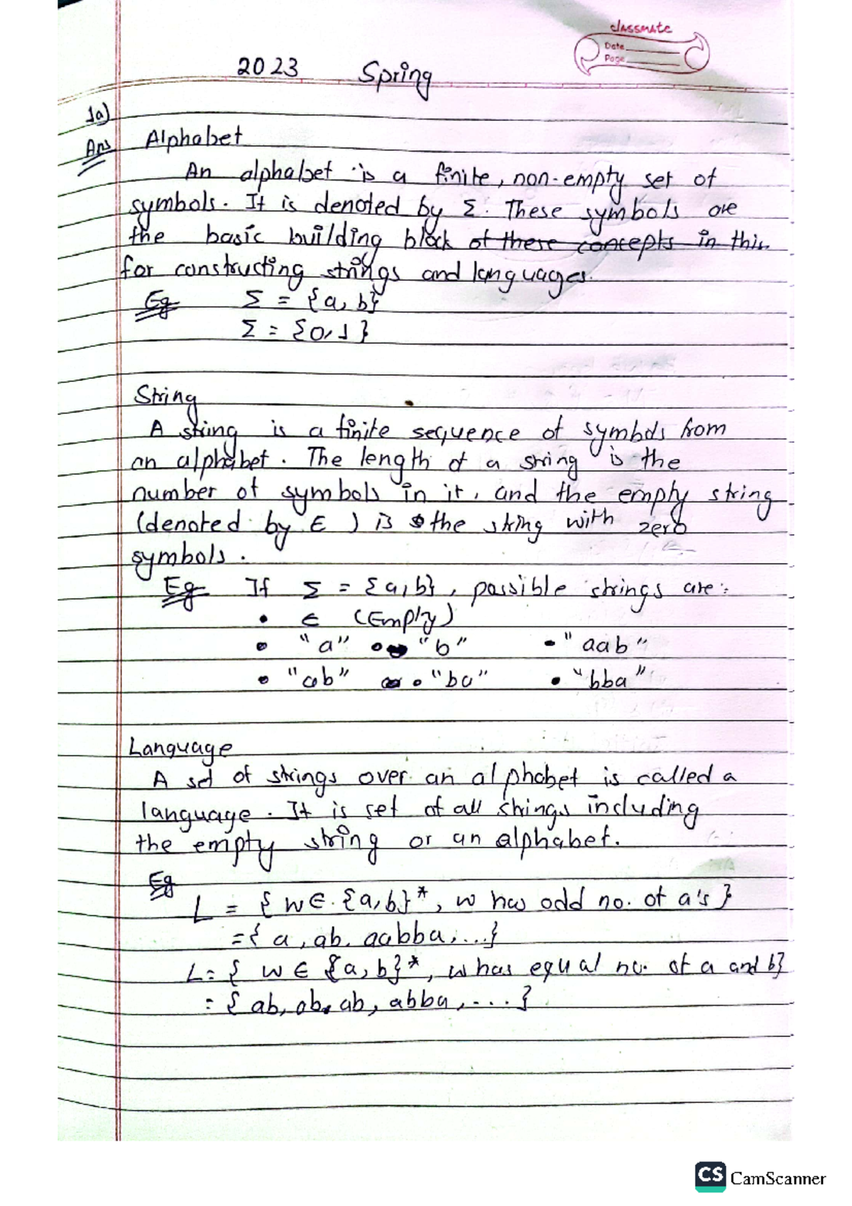 TOC 2023 Spring - Solution for 2023 - classmate Date Page 2023 Spring 1a) Ans Alphabet An ...