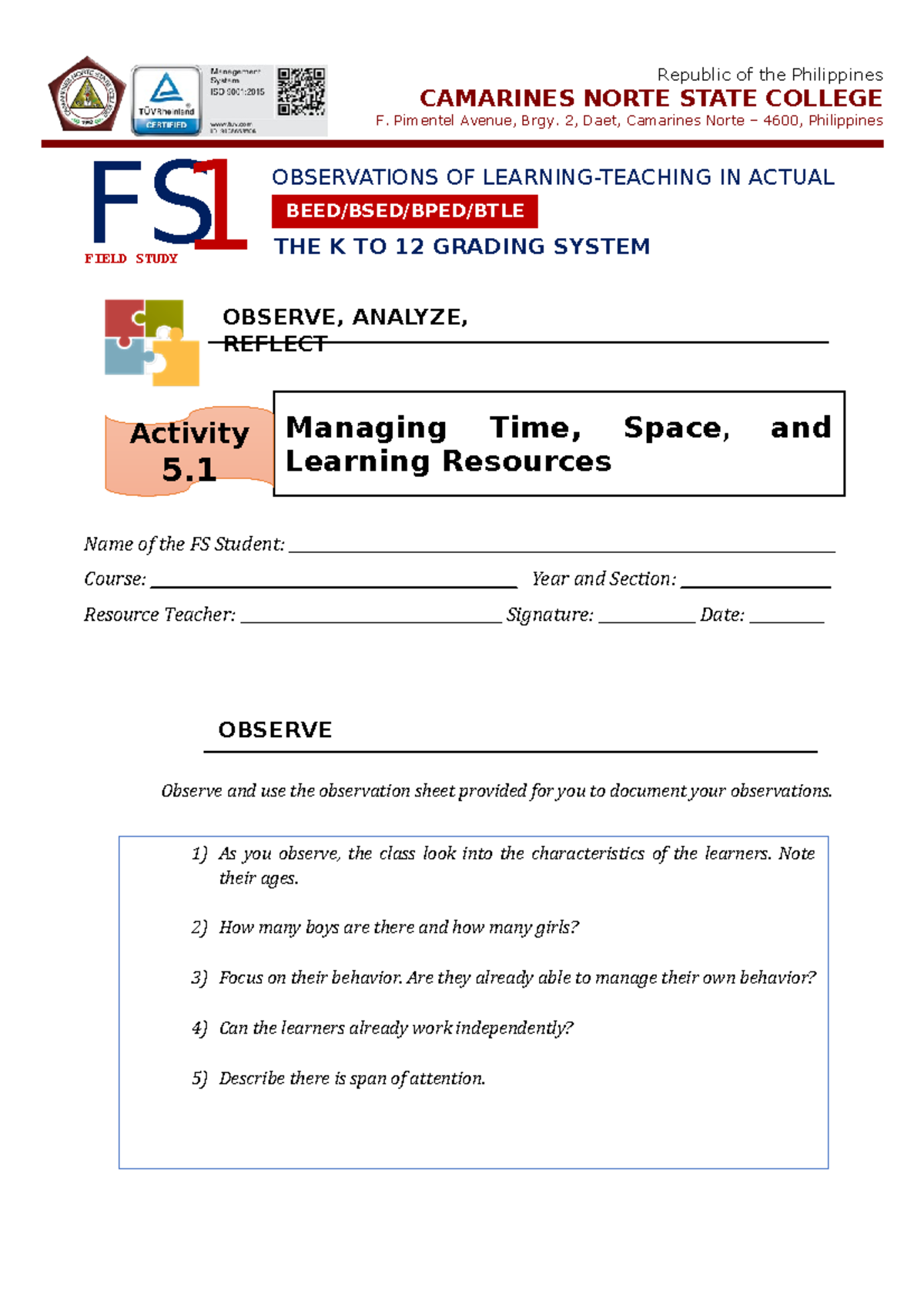To Print - Managing Time, Space, and Learning Resources Activity 5 ...