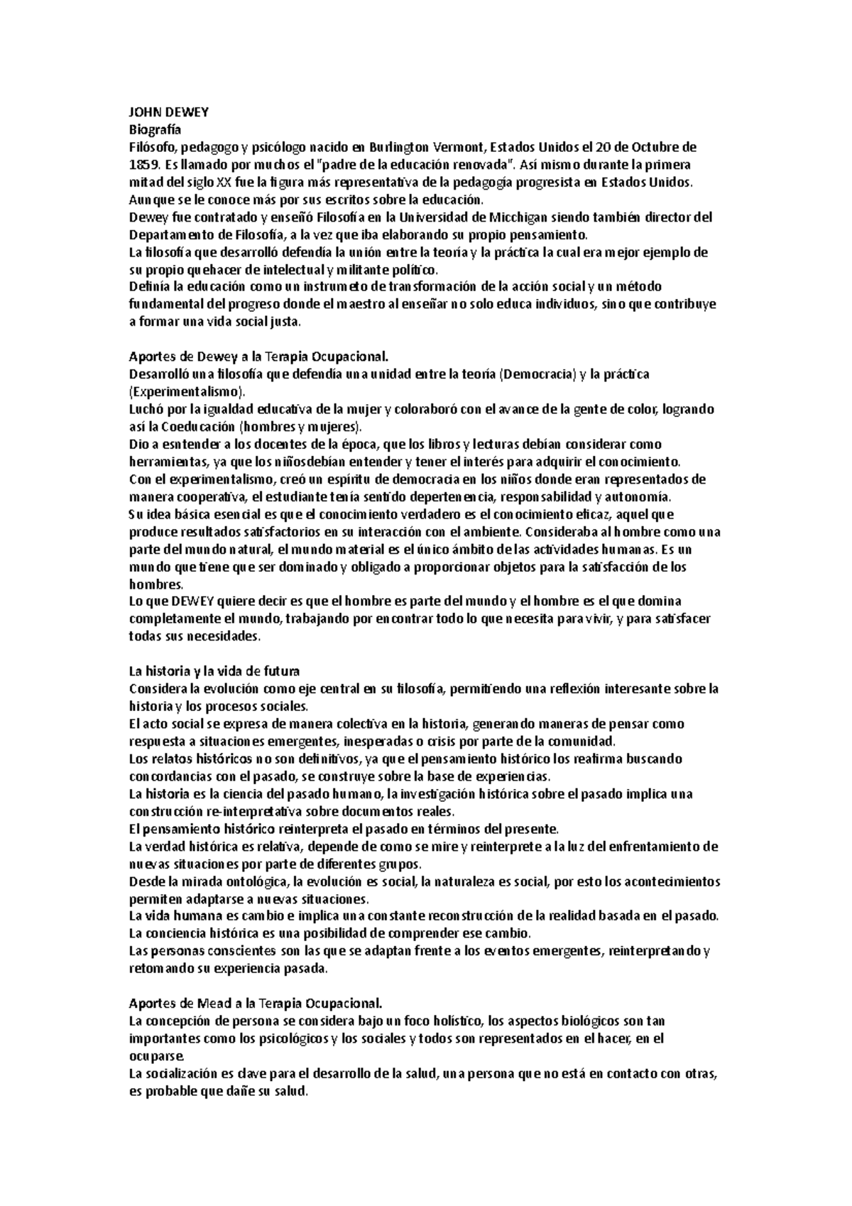 Resumen PARA Presentacion Dewey Y MEAD - JOHN DEWEY Biografía Filósofo, pedagogo y psicólogo ...