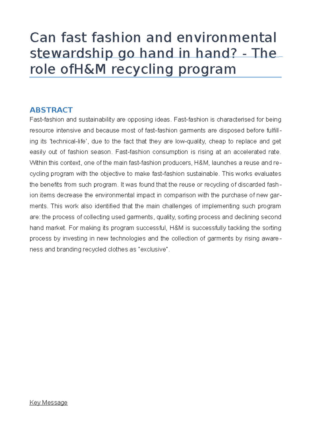 H&M recycling Program doc - Can fast fashion and environmental ...