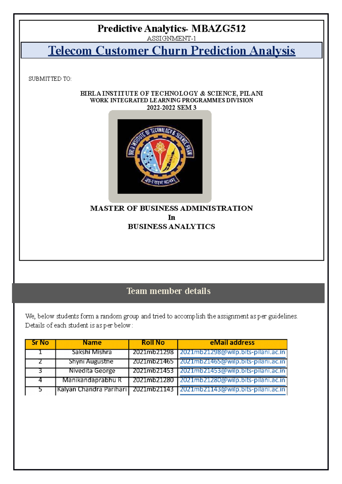 Assignment-Predictive Analytics-report - We, below students form a random group and tried to ...