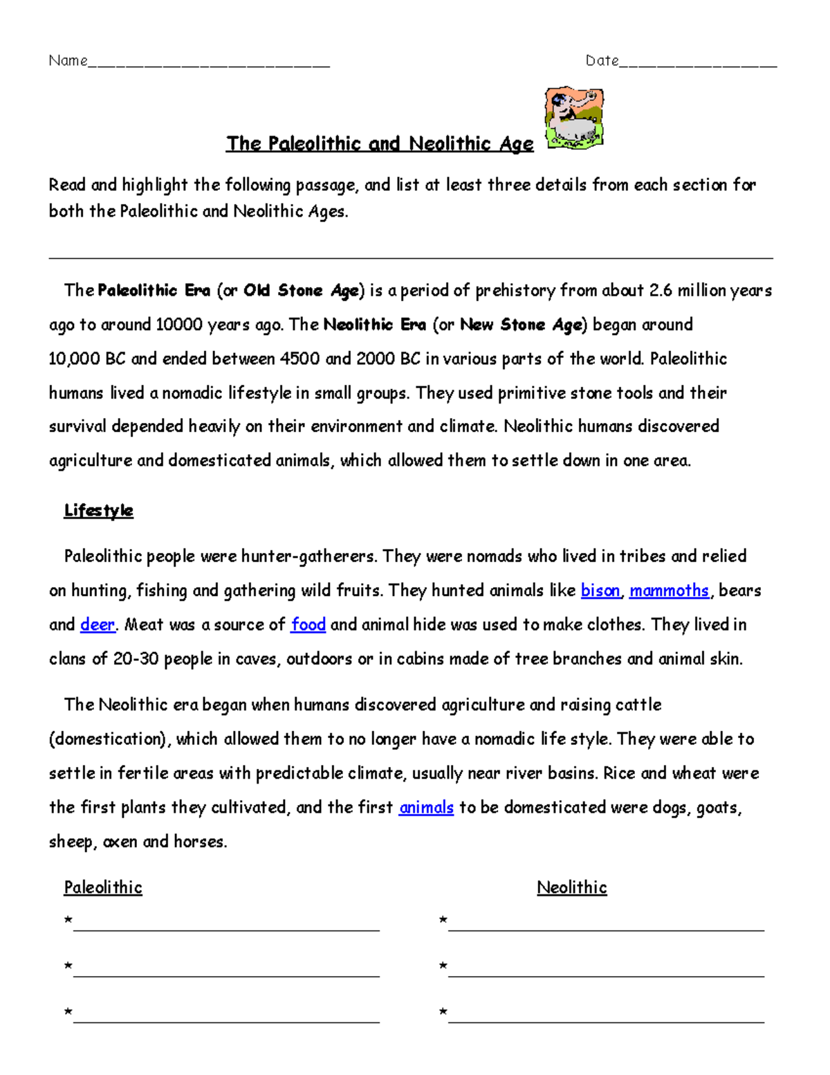 Paleolithic and Neolithic Notes with chart - Name ...