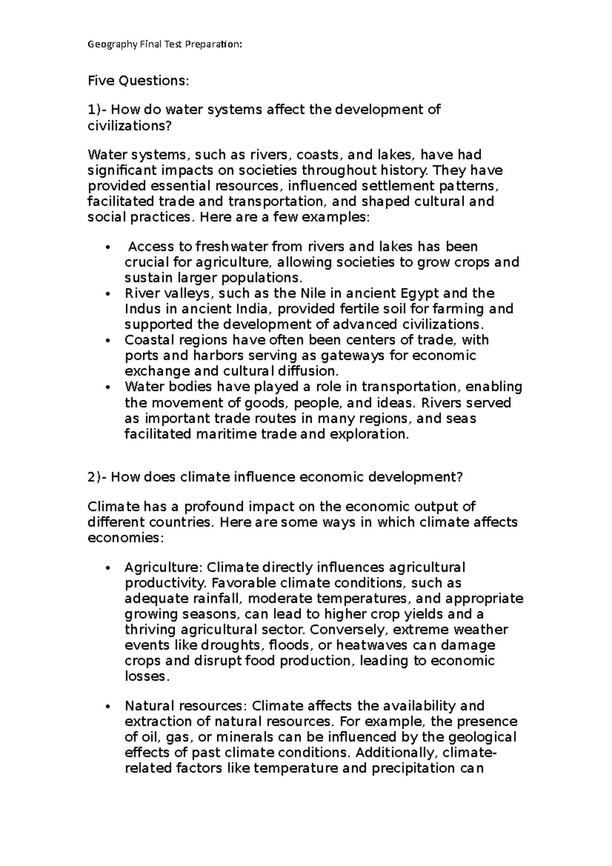 Geography Final Test Preparation - Five Questions: 1)- How do water ...