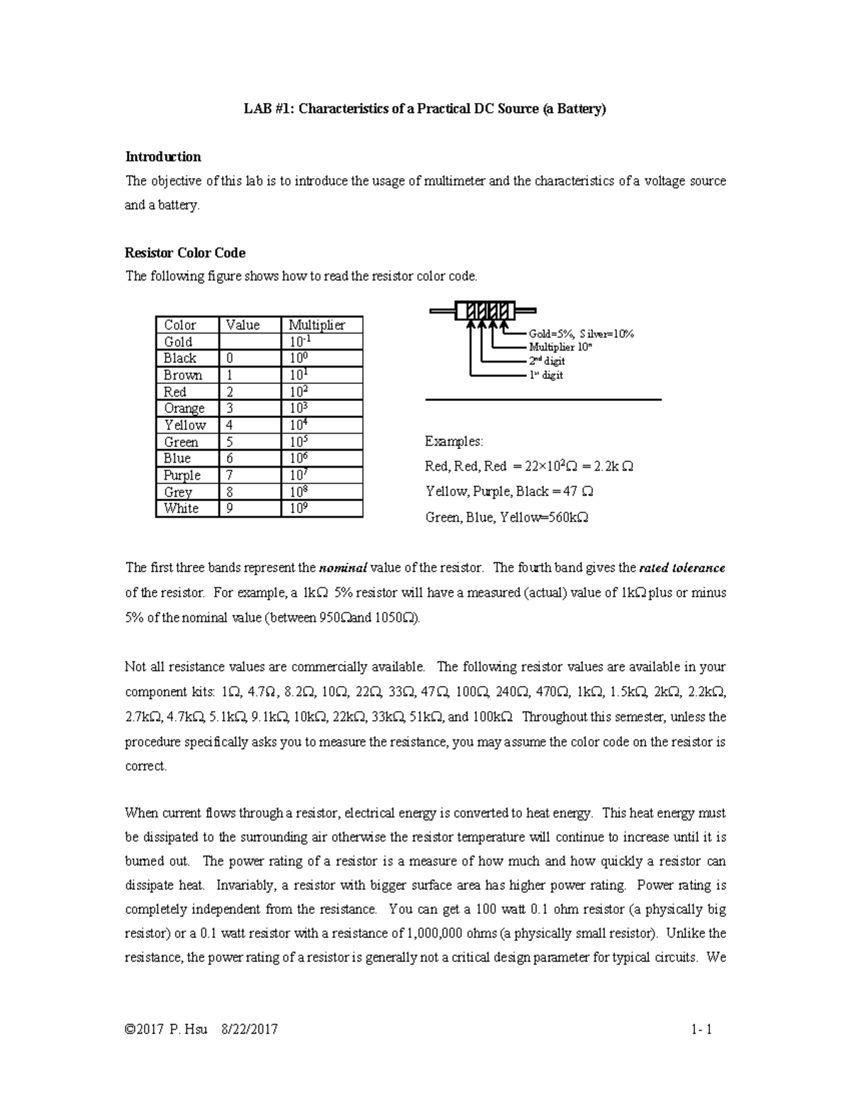 Lab 1 - Characteristics of a practical DC source ( battery) - LAB #1 ...