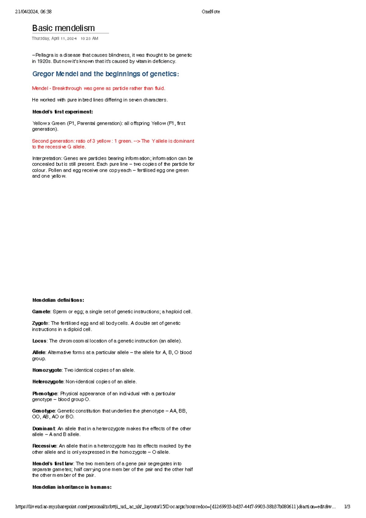 Genetics notes 1 - 21/04/2024, 06:38 OneNote - Studocu