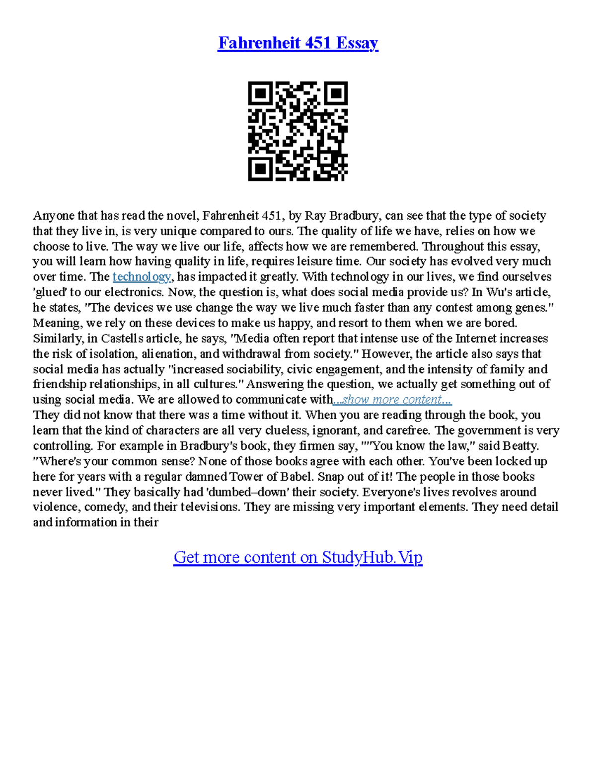 Farenheit 451 Essay - Fahrenheit 451 Essay Anyone that has read the ...