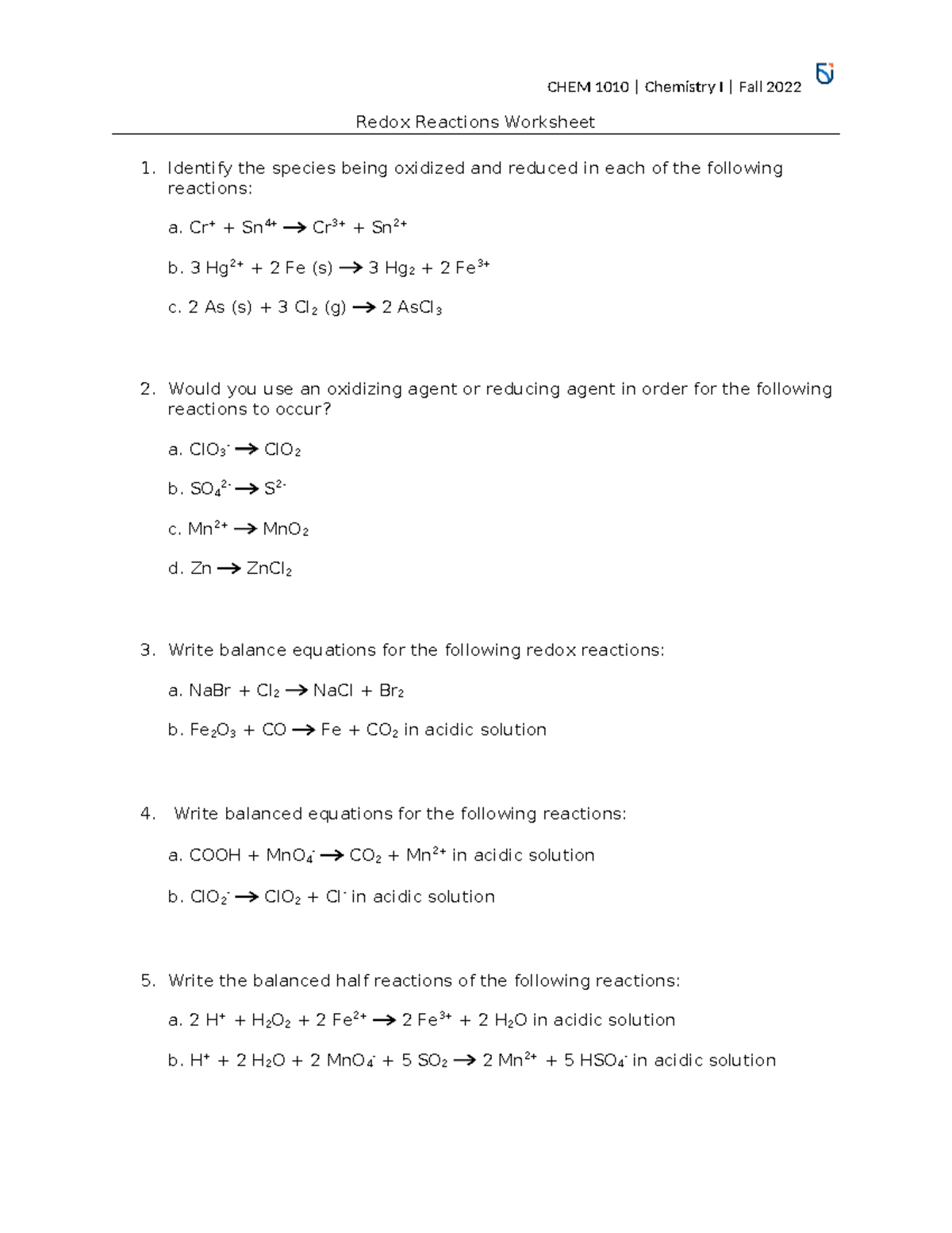 FA22 Redox Reactions Worksheet - CHEM 1010 | Chemistry I | Fall 2022 ...