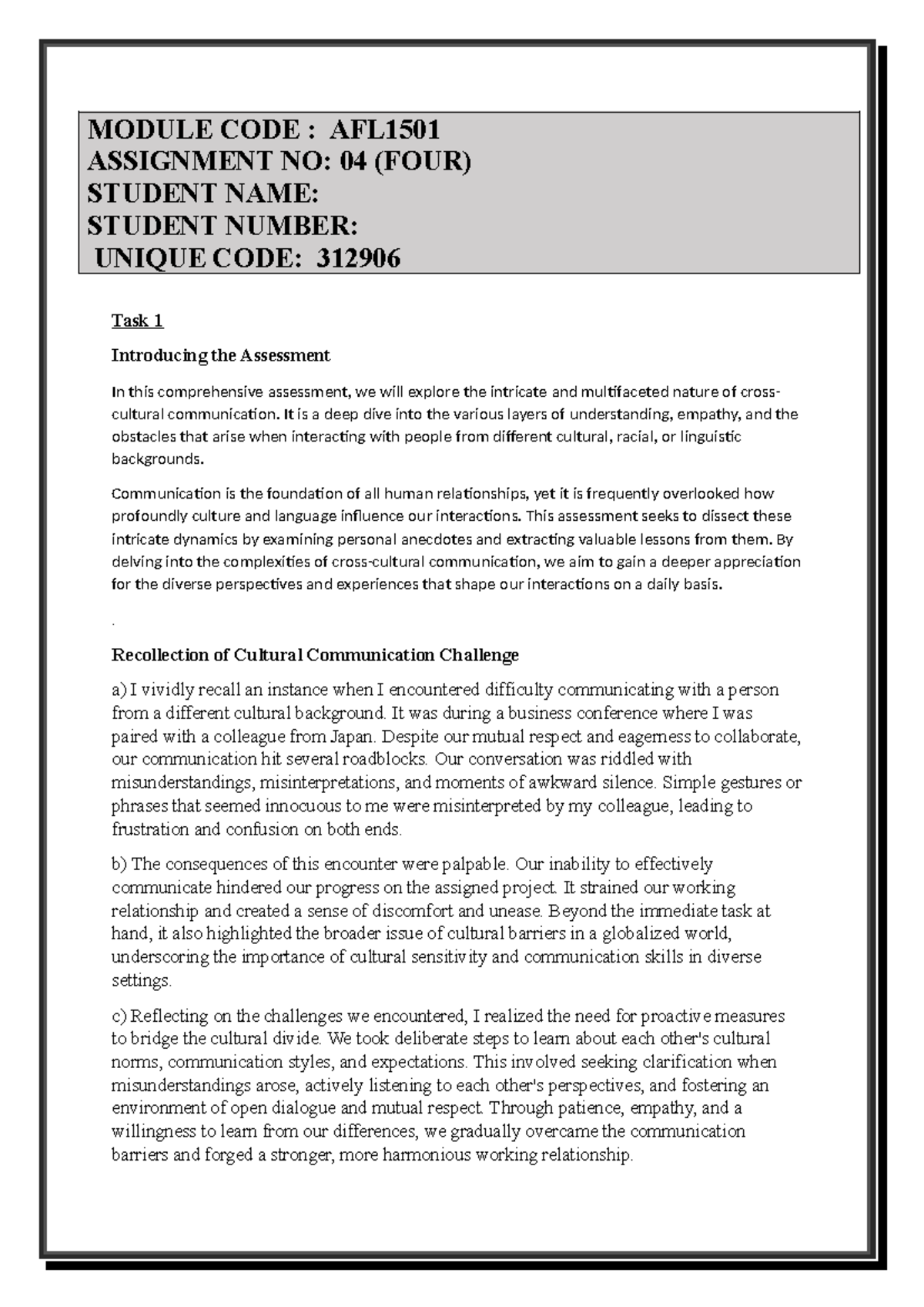 AFL1501 Assignmet 4 - MODULE CODE : AFL ASSIGNMENT NO: 04 (FOUR) STUDENT NAME: STUDENT NUMBER ...