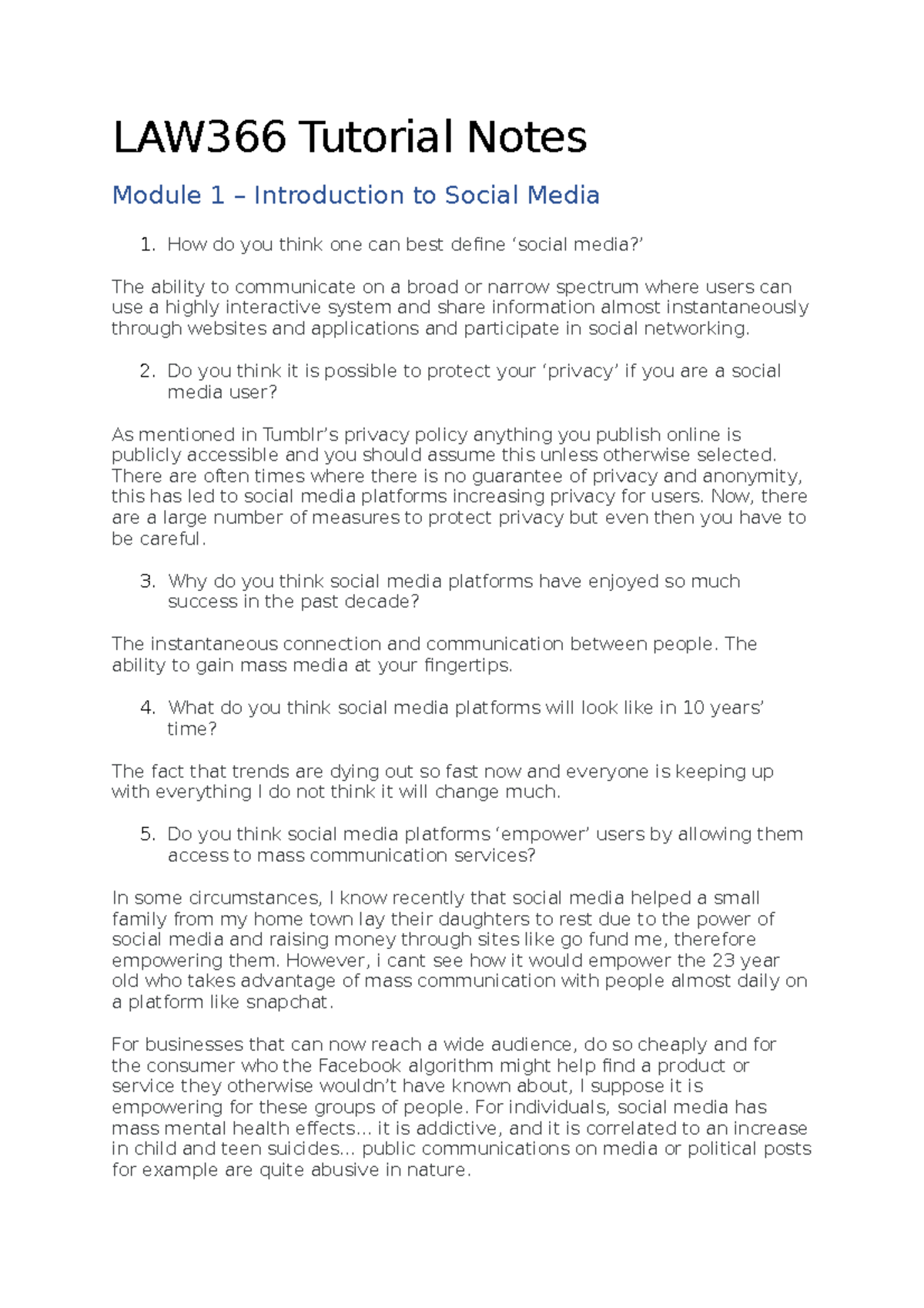 Tutorial notes for LAW366 Topic 1 - LAW366 Tutorial Notes Module 1 ...